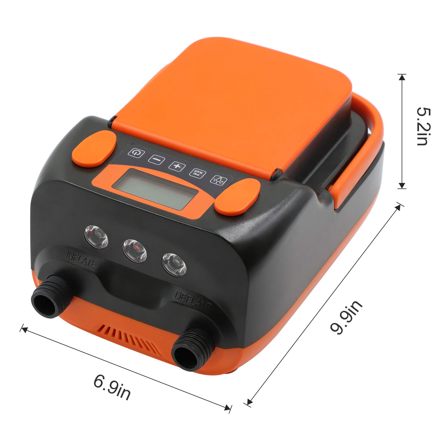 Tuomico Rechargeable LCD Electric Air Pump with 2 USB Ports, Max 16PSI SUP Pump with 6 Nozzles & 3 LED Lights for Boats, Stand Up Paddle Board, Dual Stage Inflation & Auto-Off Feature