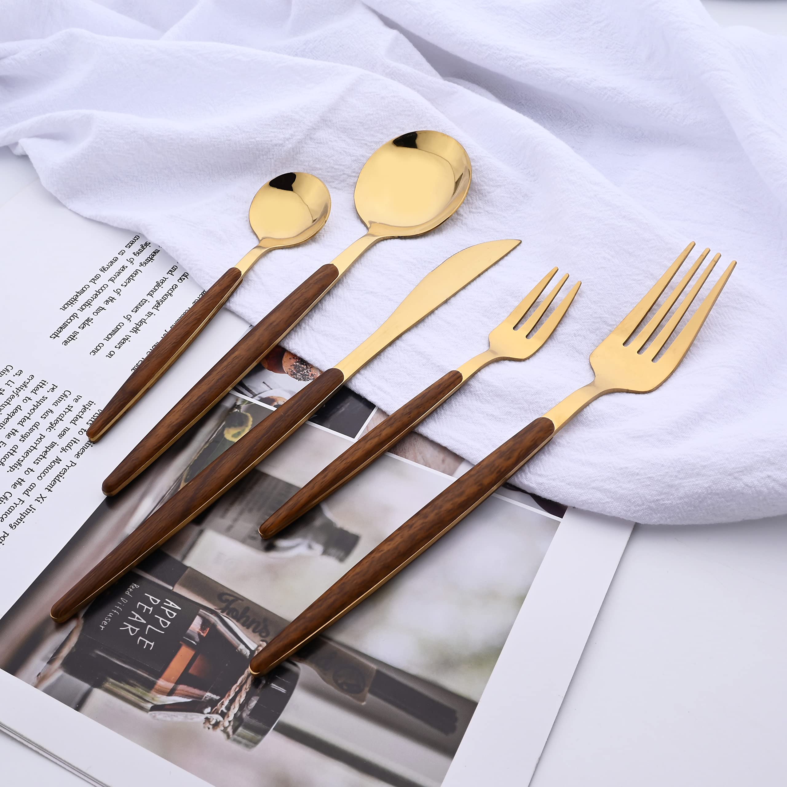Uniturcky 20-Piece Silverware Set for 4, Stainless Steel Flatware Tableware Set, Mirror Polished Tableware Cutlery Set for Family Kitchen Restaurant, Faux Wooden Handle, Dishwasher Safe(Gold & Brown)
