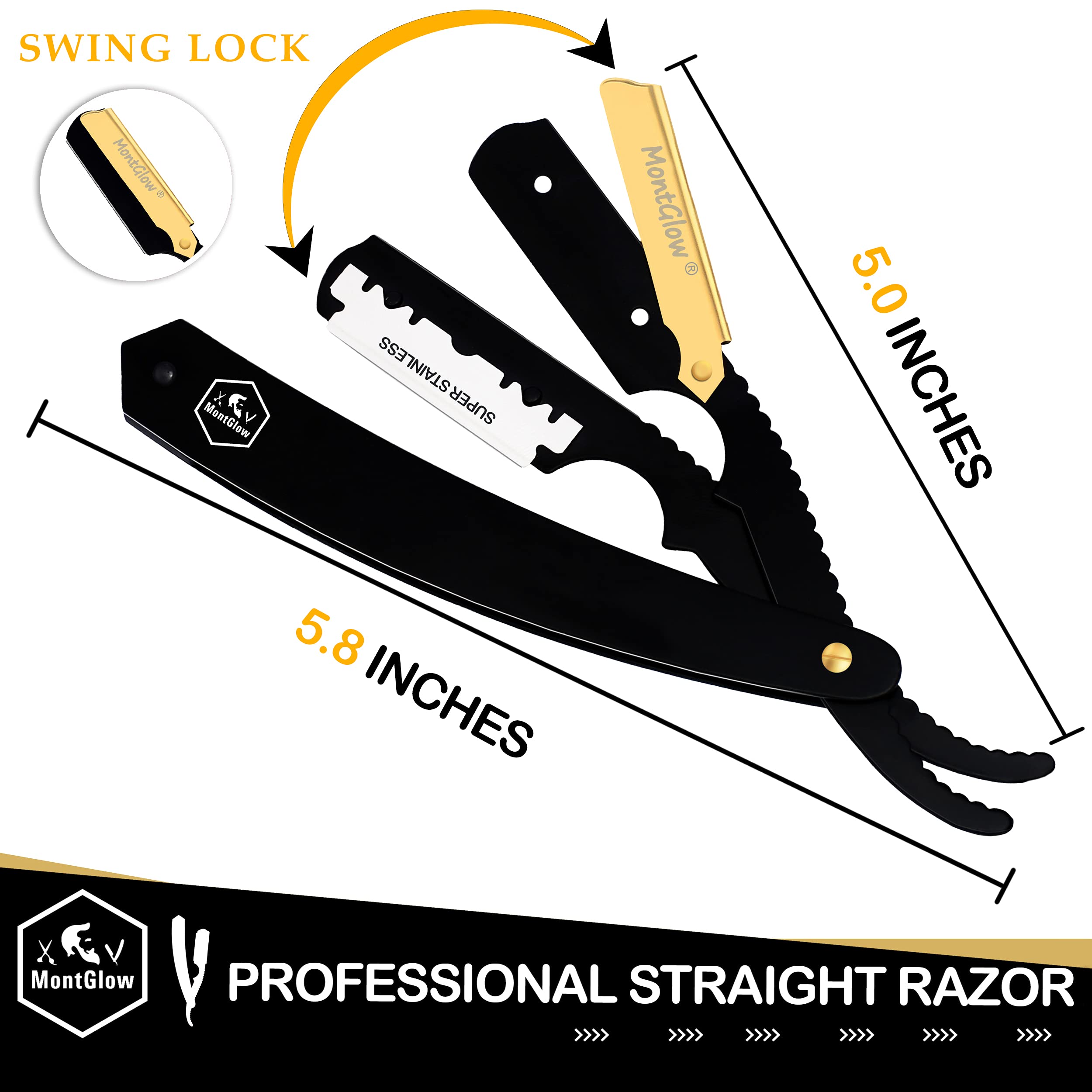 Professional Matte Black Barber Straight Razor with 10 Premium Quality Straight Edge Razor Shark Blades, For Smooth Shave and Lining Up Your Beard (Black)