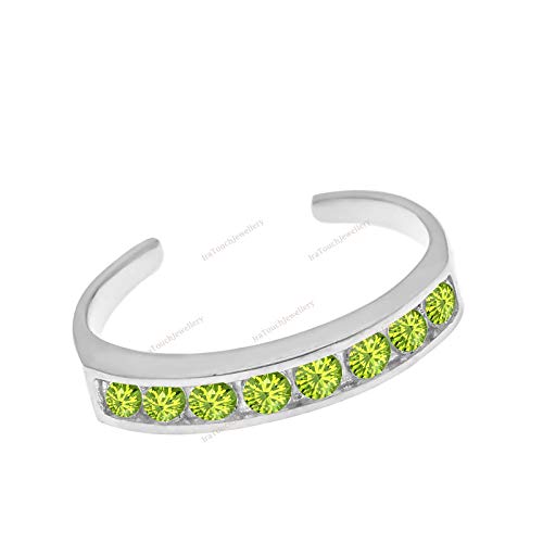 Round Cut Created Peridot Channel-Setting In 14K Gold Plated 925 Sterling Silver Adjustable Anniversary Band Toe Ring For Womens Girls (14K White Gold Plated)