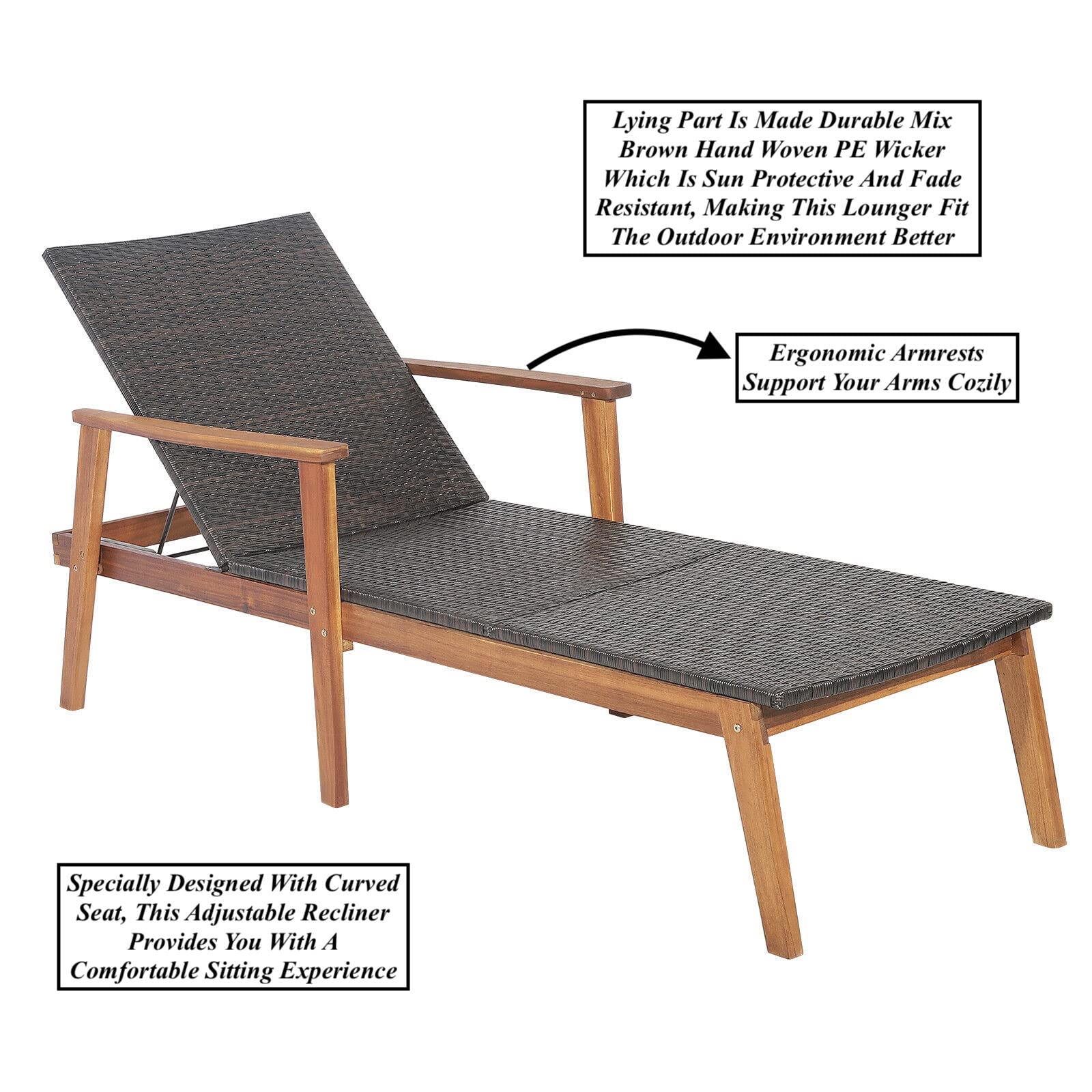 Outdoor Patio PE Rattan Chaise Lounge Daybed Lounger Sunbathing Bed Recliner 4-Level Adjustable Backrest Cozy Armrests Wide Seat Ergonomic Backrest Suitable for Poolside Garden Backyard Balcony Use