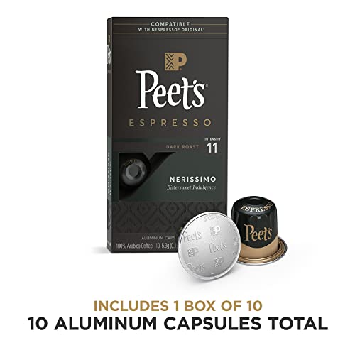 Peet's Coffee, Dark Roast Espresso Pods, Nerissimo, French Roast Style Intensity 11, 10 Count (1 Box of 10 Espresso Capsules)