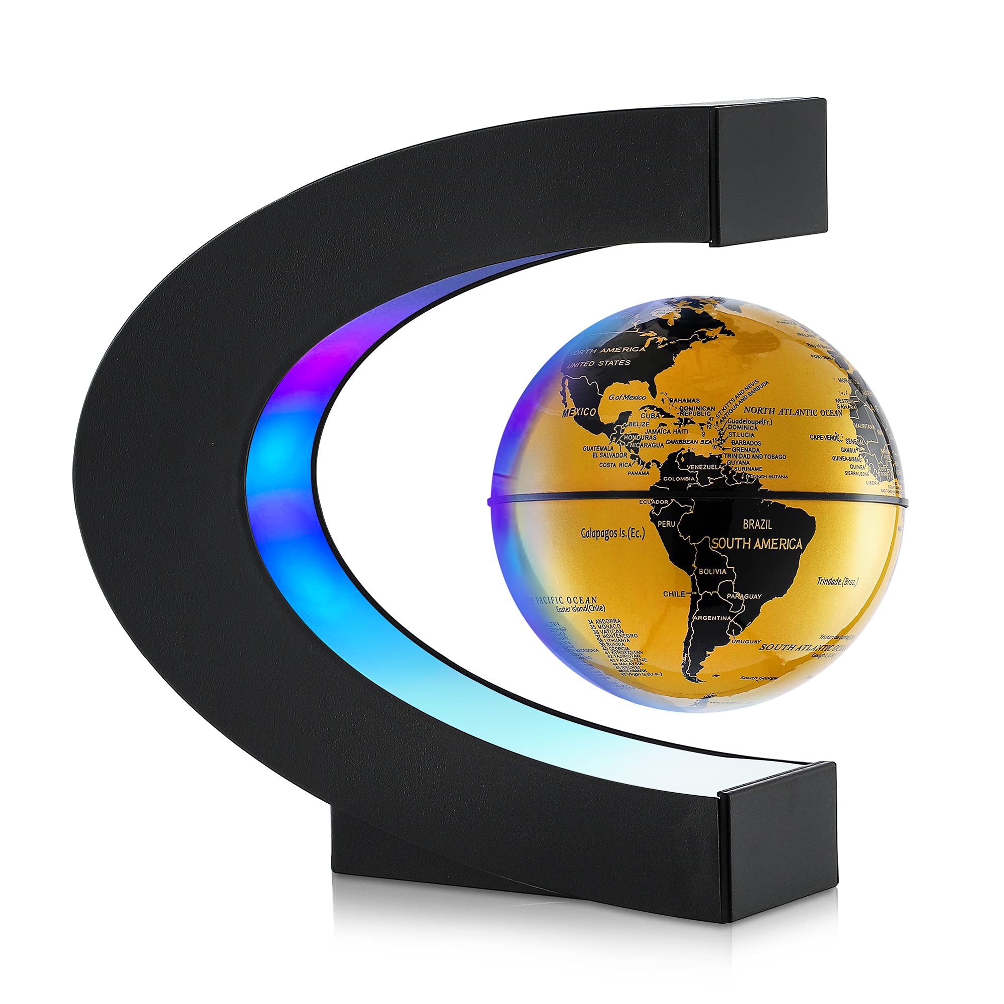 Spolehli Magnetic Globe, 3 Inch Levitation Floating Globe with LED Lights, World Map Globe with C Shape Base, Good Gifts for Students Men Fathers Teachers Birthday Gift Present (Golden)