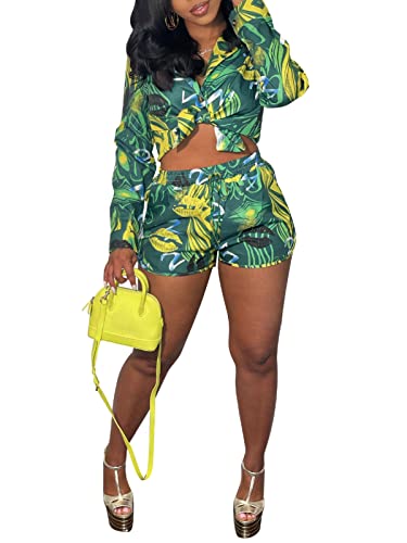 Uni Clau Women Two Piece Tracksuit Causal Printed Long Sleeve Button Down Blouse Short Pants Jogging Sets Green S