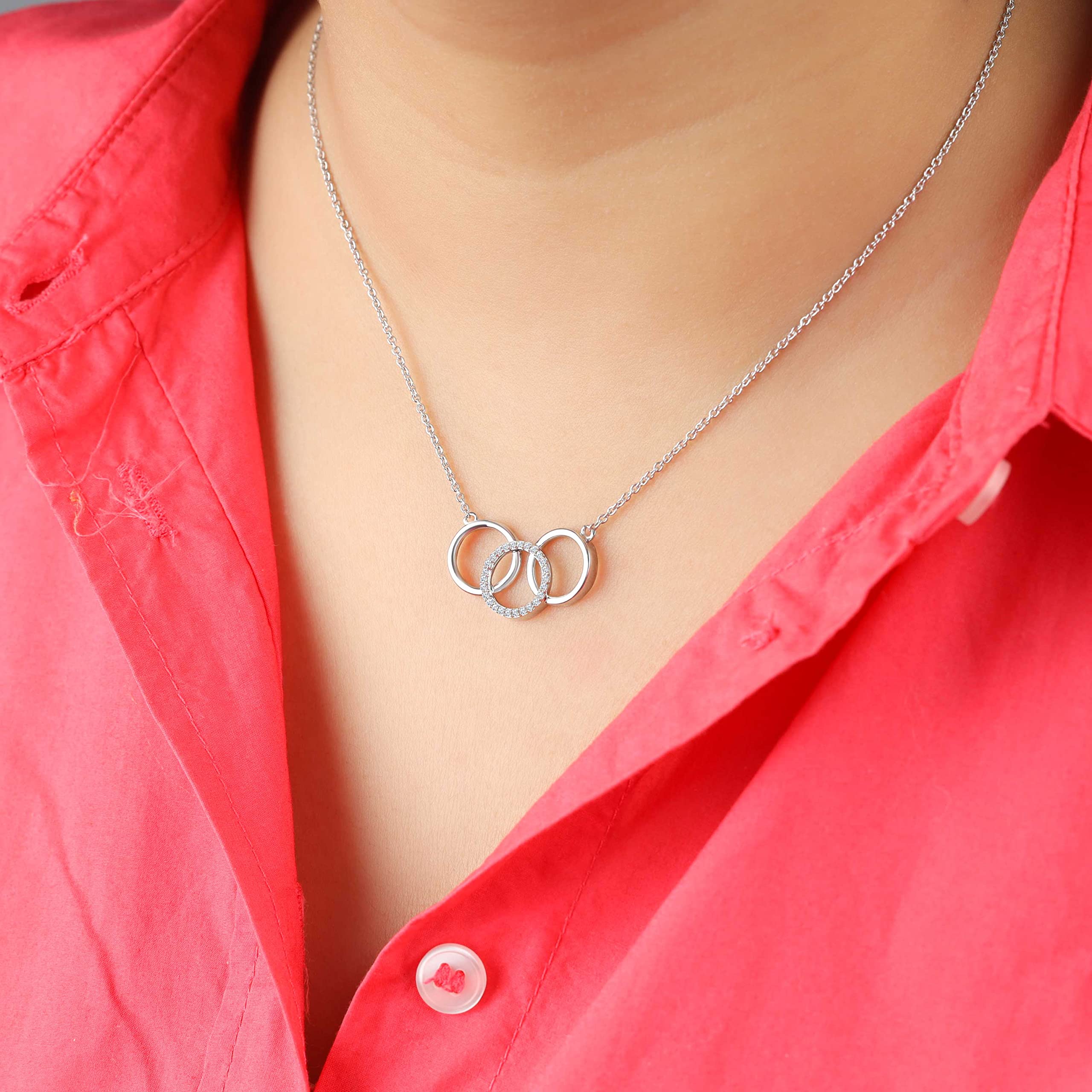 Round White Diamond 925 Sterling SIlver Interlocked Double Triple Circle Pendant Necklace for Women Mothers Day Jewelry Gift (Triple Circle)
