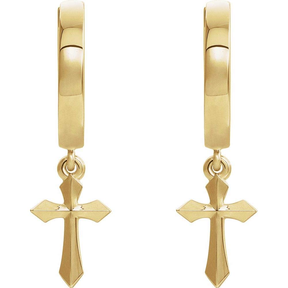 Solid 14k Yellow Gold Cross Crucifix Drop Stud Earrings (20mm x 2.4mm)