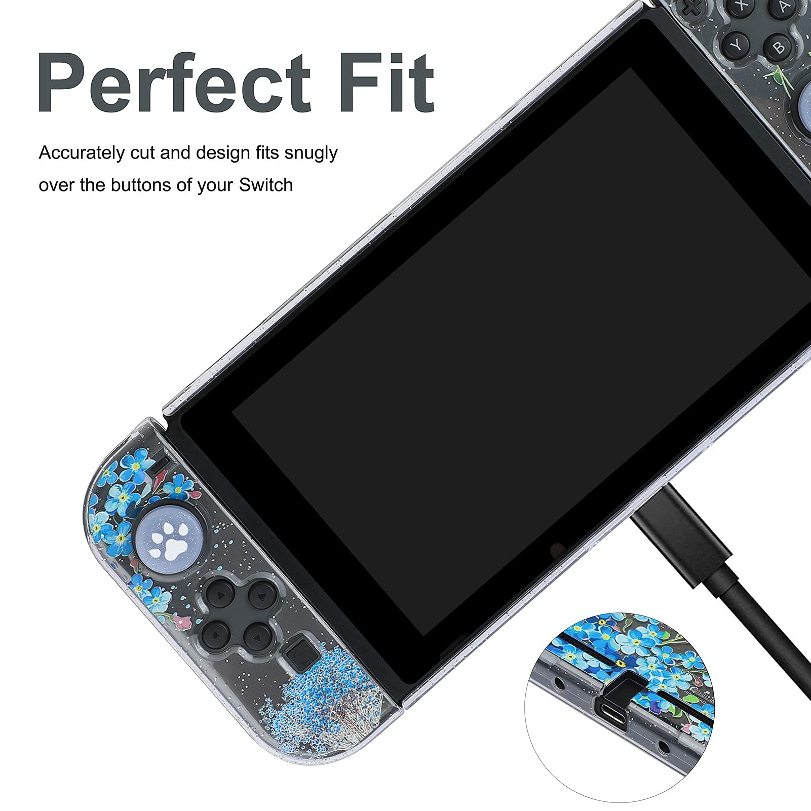 ThreeShip Kawvisy Dockable Crystal Case for Switch, Glitter Switch Cover with 4 Cute Cat Claw Thumb Grips and Screen Protector, Sparkle Switch Case(Blue Flower)