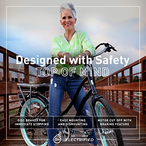 sixthreezero EVRYjourney Women's Electric Bike, 7-Speed Step Through Beach Cruiser eBike Bicycle, 250 Watt Motor, 26 Inch Wheels, Teal