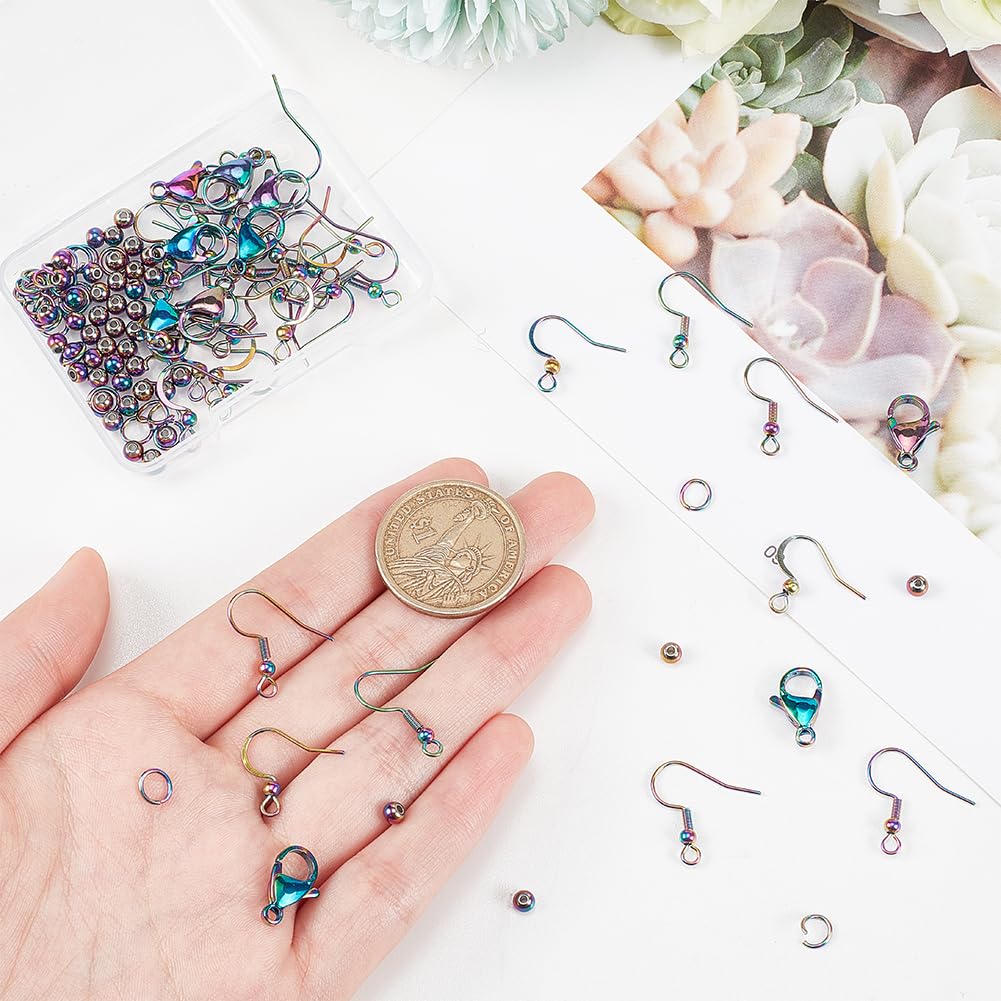 PH PandaHall 120pcs Rainbow Color Earring Making Kit 3 Sizes Fish Hook Ear Wire with Loop 304 Stainless Steel French Earring Hooks Lobster Claw Clasps Jump Rings Spacer Beads for Jewelry Making