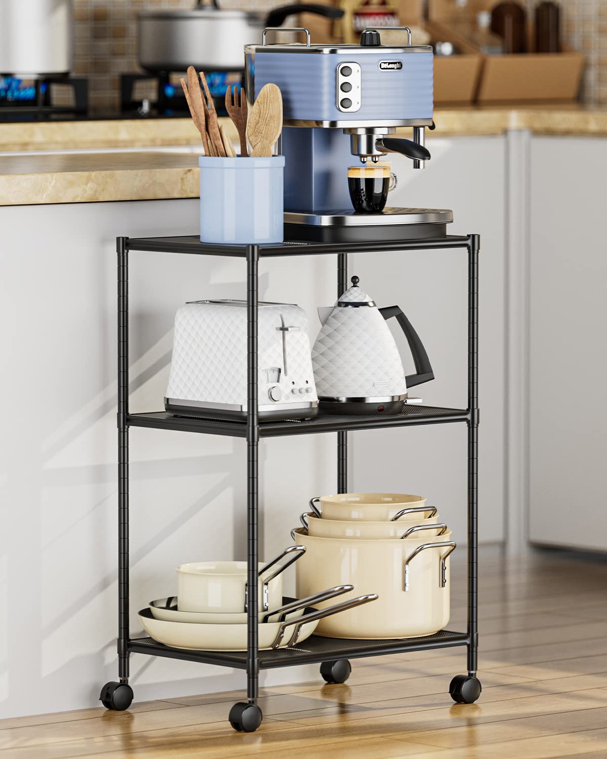 OVICAR 3-Tier Wire Storage Shelves, Adjustable Shelving Units with Wheels, Steel Metal Storage Rack for Kitchen Pantry Closet Bathroom Laundry, Durable Organizer Garage Tool Storage Shelf