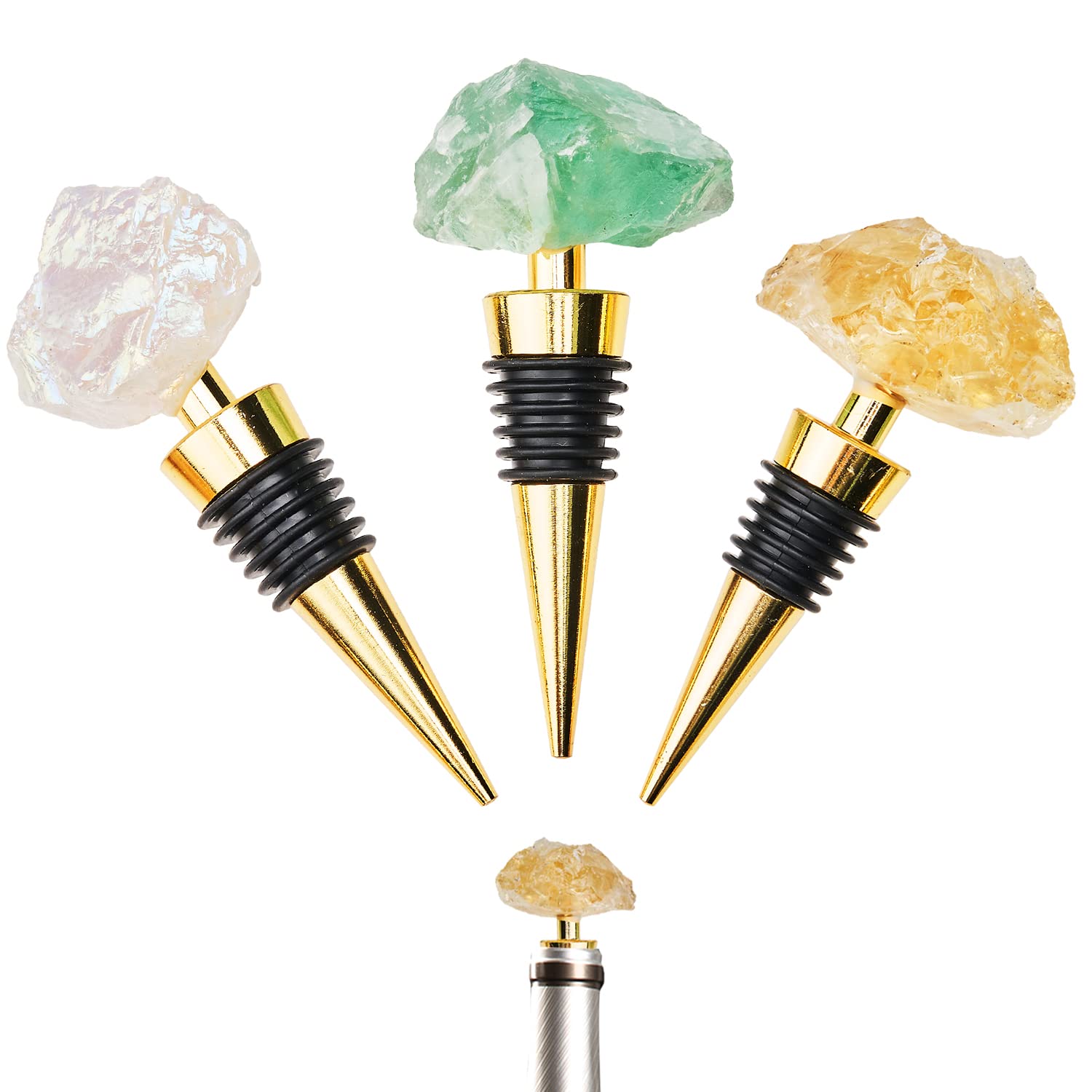 Yougoals Crystal Wine Stoppers Set of 3, Natural Gemstone Wine Stoppers for Wine Bottles, Decorative Wine Bottle Stoppers with Gift Box for Wedding, Party (3pcs Crystal)