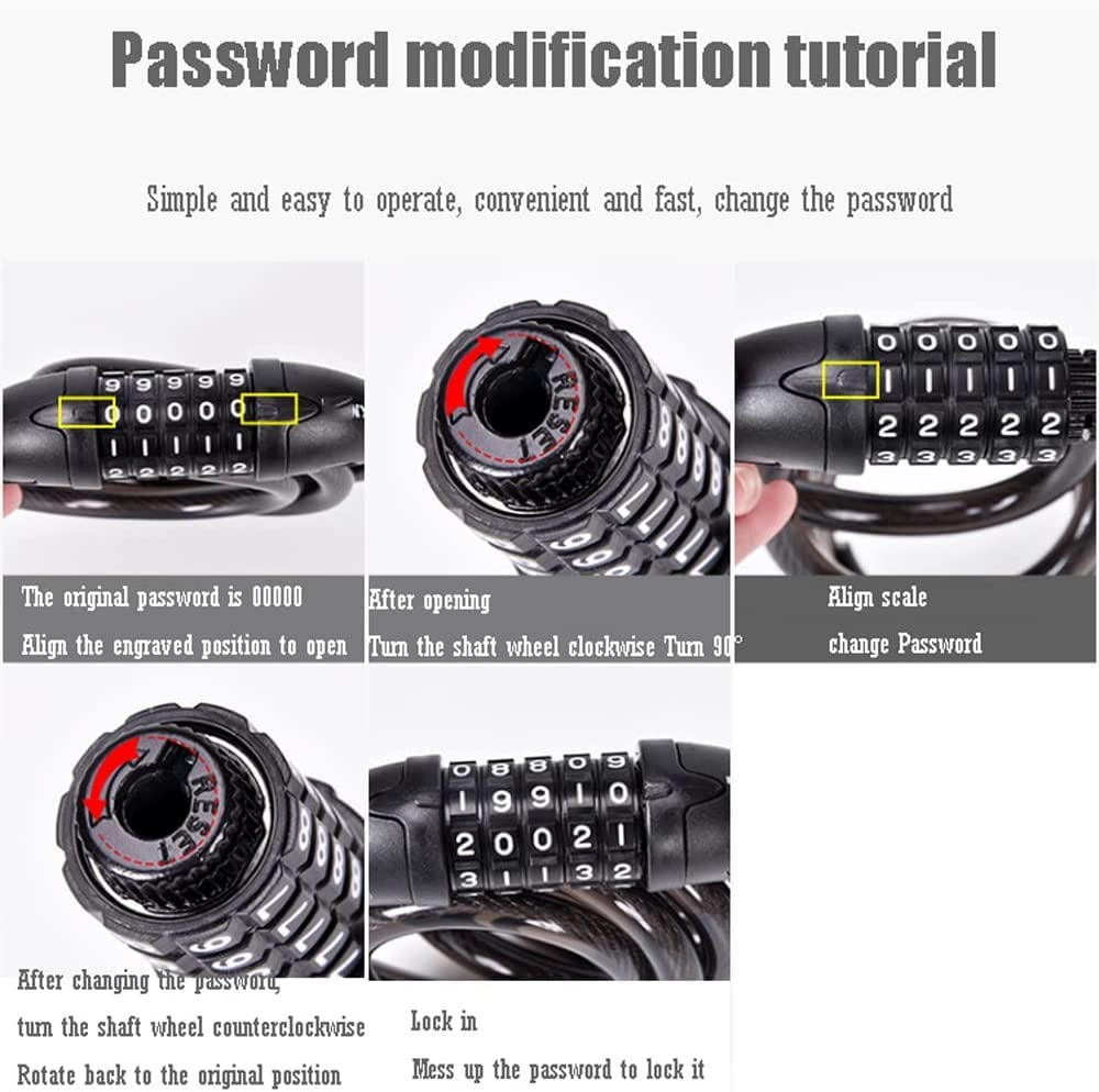 UPPVTE 120cm Roll Bicycle Lock,Portable Girl Child Password Lock with Lock Frame Anti-Theft Lock 5-Digit Resettable Combination Locks Anti-Theft Lock (Color : Black)