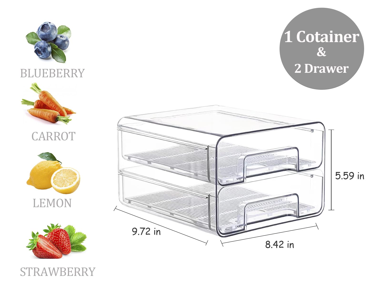 YouLike 2pack Stackable Fridge Drawers Pull Out Bins for Refrigerator Organizer Clear Food Storage Container Set With Drain for Pantry Kitchen Cabinet Office Organization