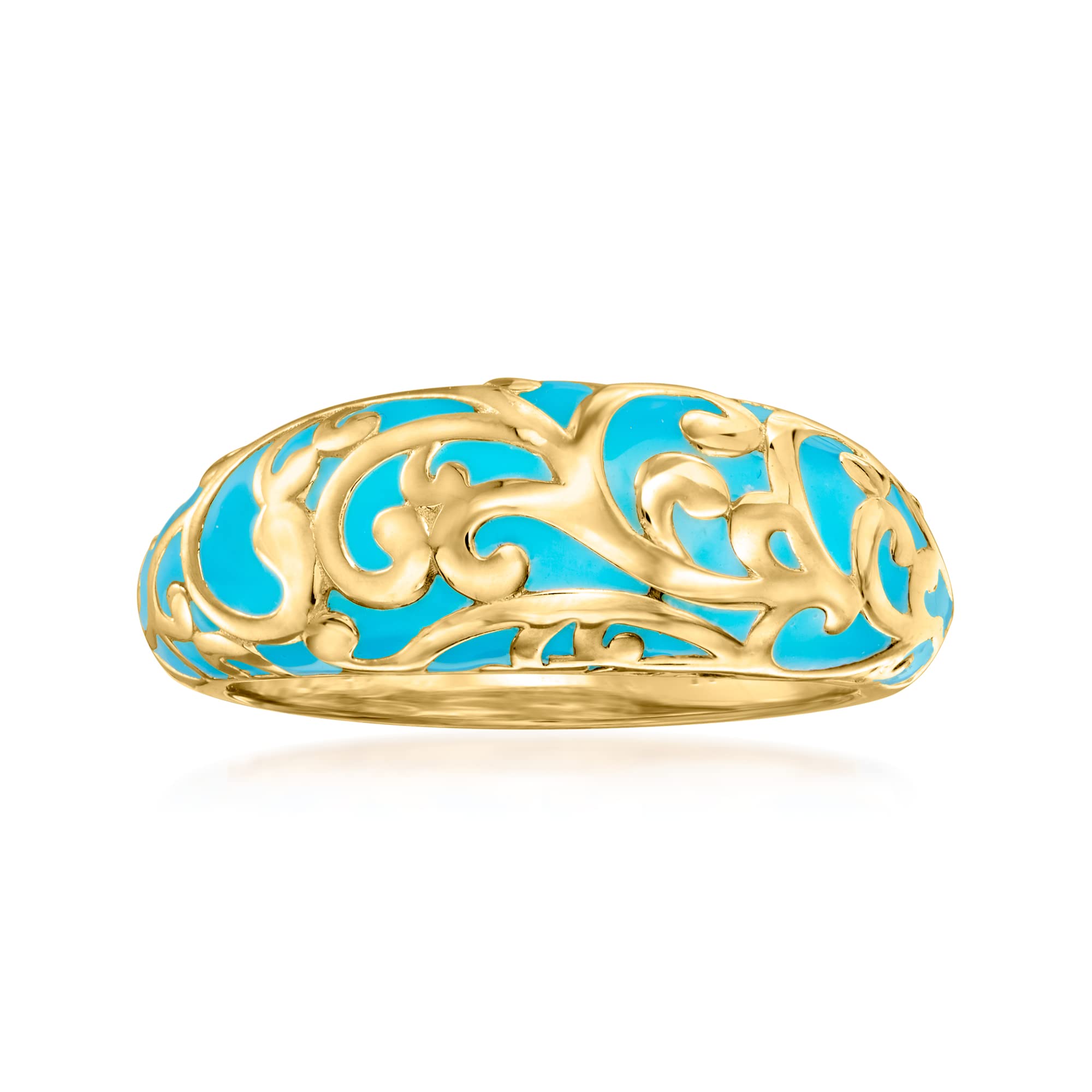 Ross-Simons Turquoise Enamel Scrollwork Dome Ring in 18kt Gold Over Sterling. Size 8