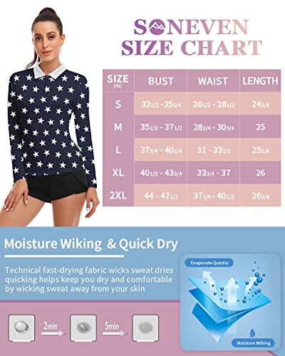 Soneven Womens Long Sleeve Golf Shirt Printed Polo Tennis Shirts Moisture Wicking Athletic Sport Golf Tops