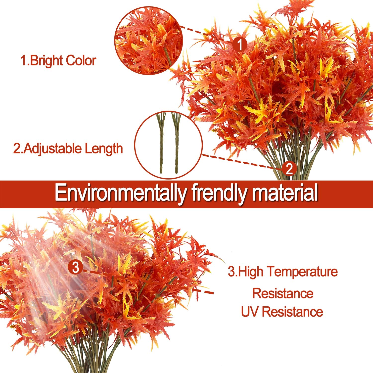 TURNMEON 5PCS Thanksgiving Decorations Artificial Fall Maple Leaves Branches Decoration,Faux Plastic Autumn Fall Leaves Stem Greenery Shrubs Plants Indoor Outdoor Home Garden Party Table Decor(Red)