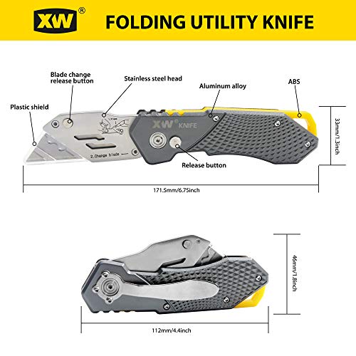 XW Folding Utility Knife, Heavy Duty Box Cutter with Belt Clip, Quick Change Blades, Anodized Aluminum Alloy Handle, Extra 10 Blades Included, 2-Pack