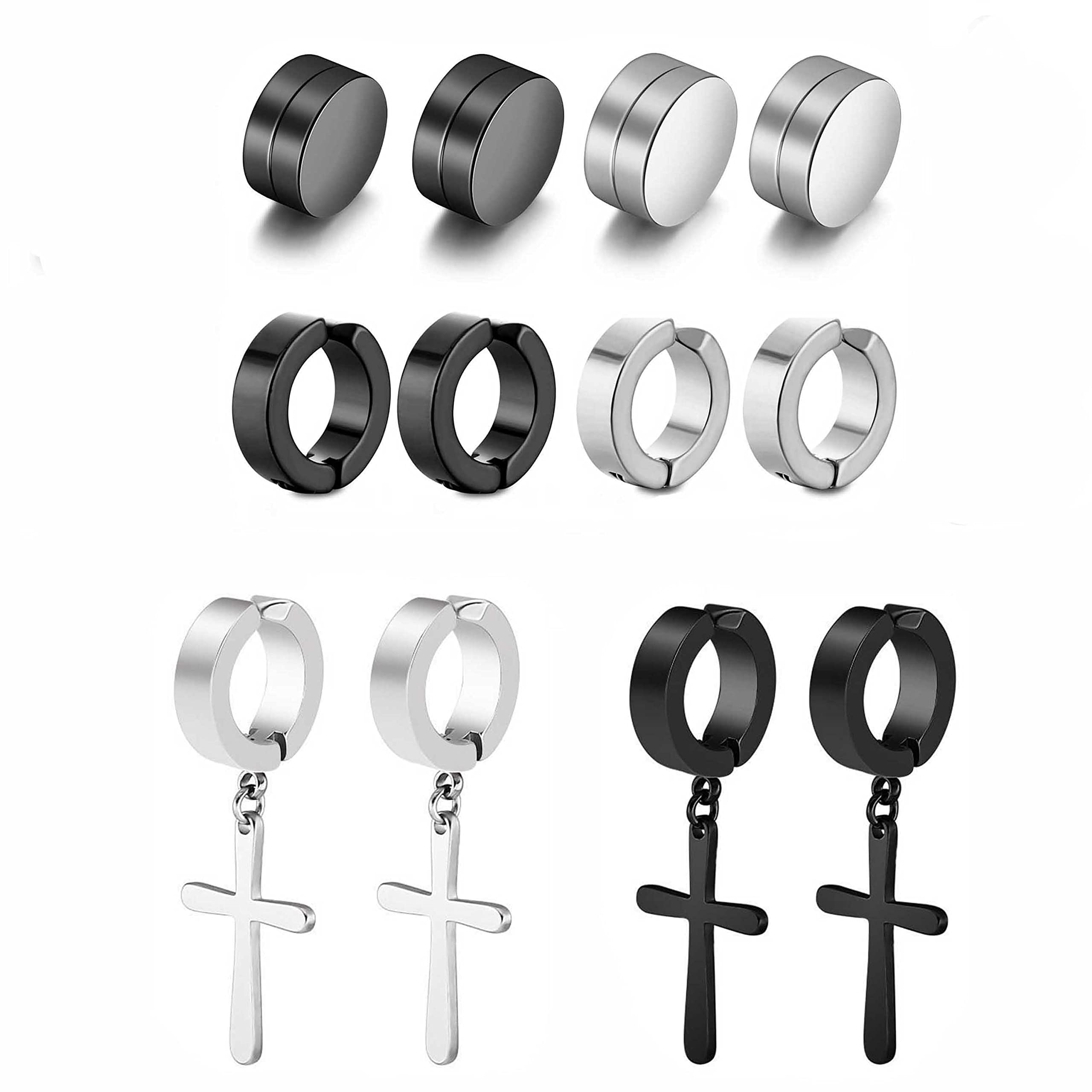 Stud Stainless Steel Earrings,Non Pierced Ear Clips for Men Women,Cross Dangle Hoop Earrings Unisex Gauges Clip on Earring(6PCS)
