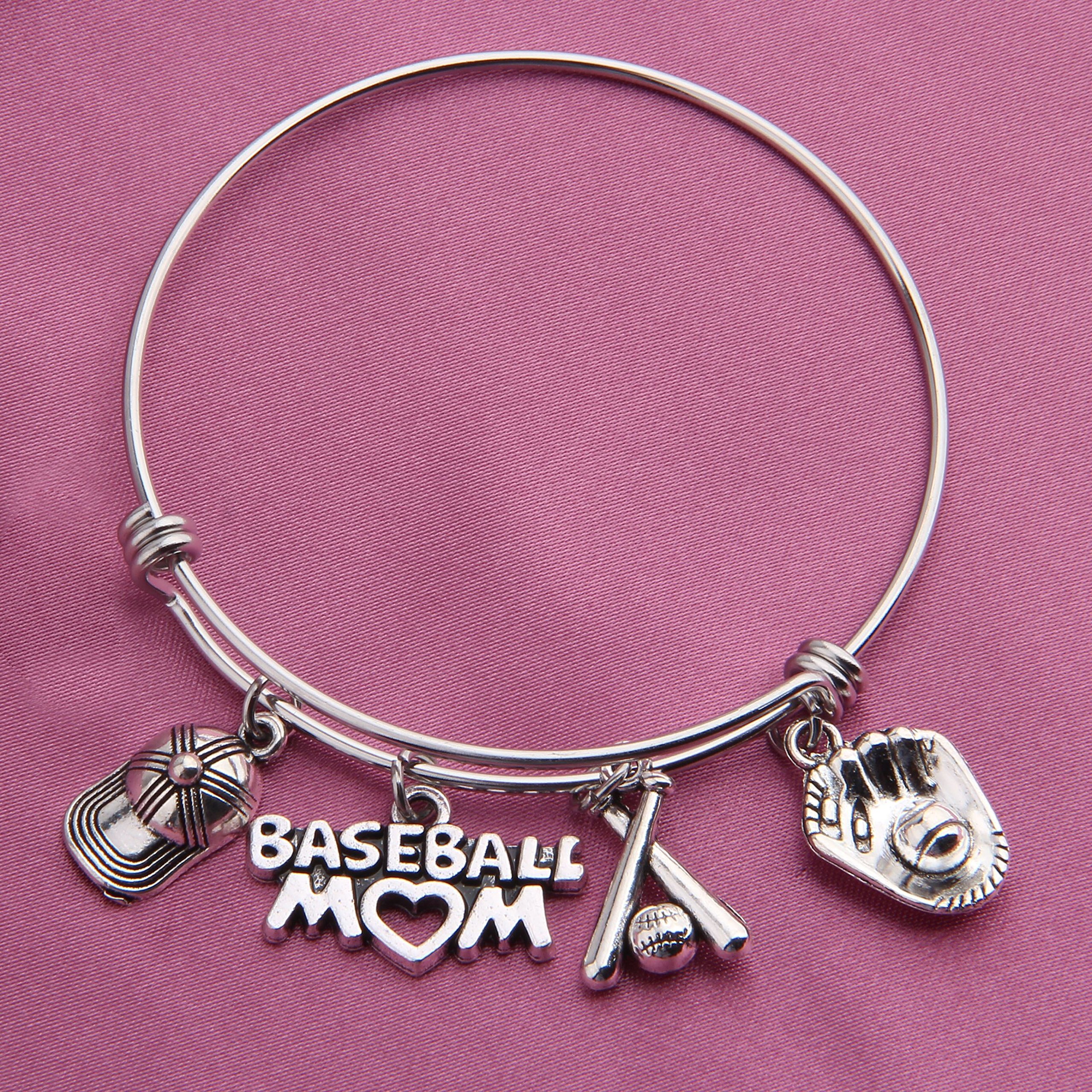 QIIER Baseball Mom Bracelet Sports Expandable Charm Bangle Baseball Jewelry for Moms Fans (silver)