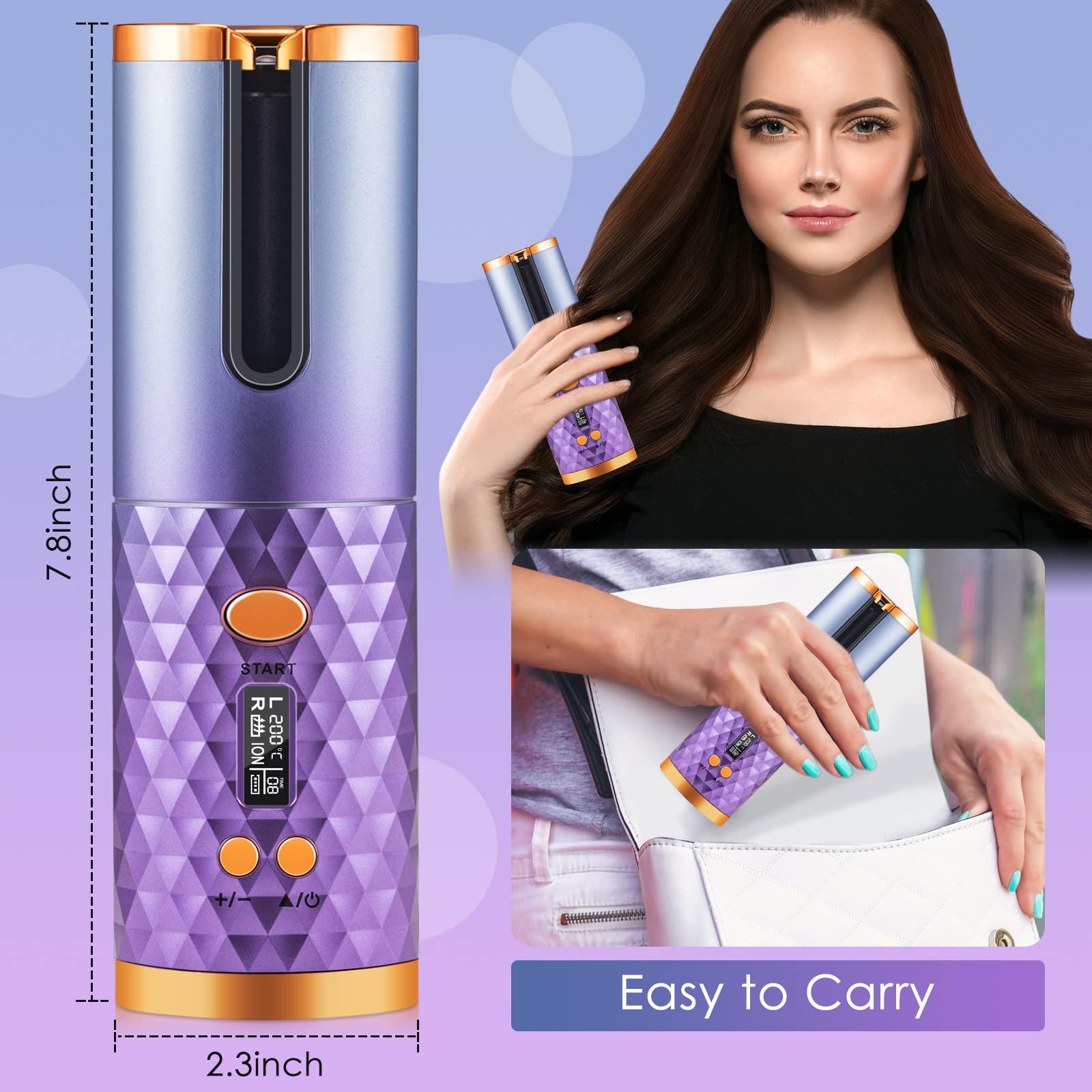 Paddsun Automatic Curling Iron, Cordless Auto Hair Curler, 6 Temp and Timer Portable and Rechargeable Curling Iron, Ceramic Rotating Hair Curler, Auto Shut Off, 18s Fast Heat