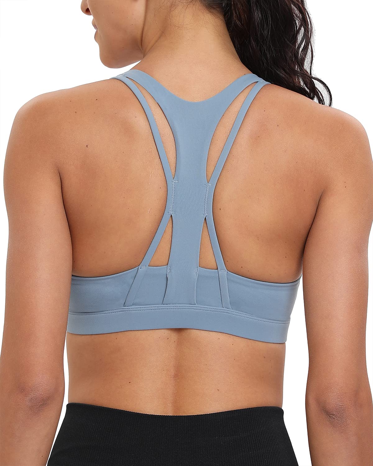 SONGSKY Sports Bra for Women, Y Back Racerback Medium Support Strappy Workout Yoga Bra with Removable Cups(W2823_Blue_M)