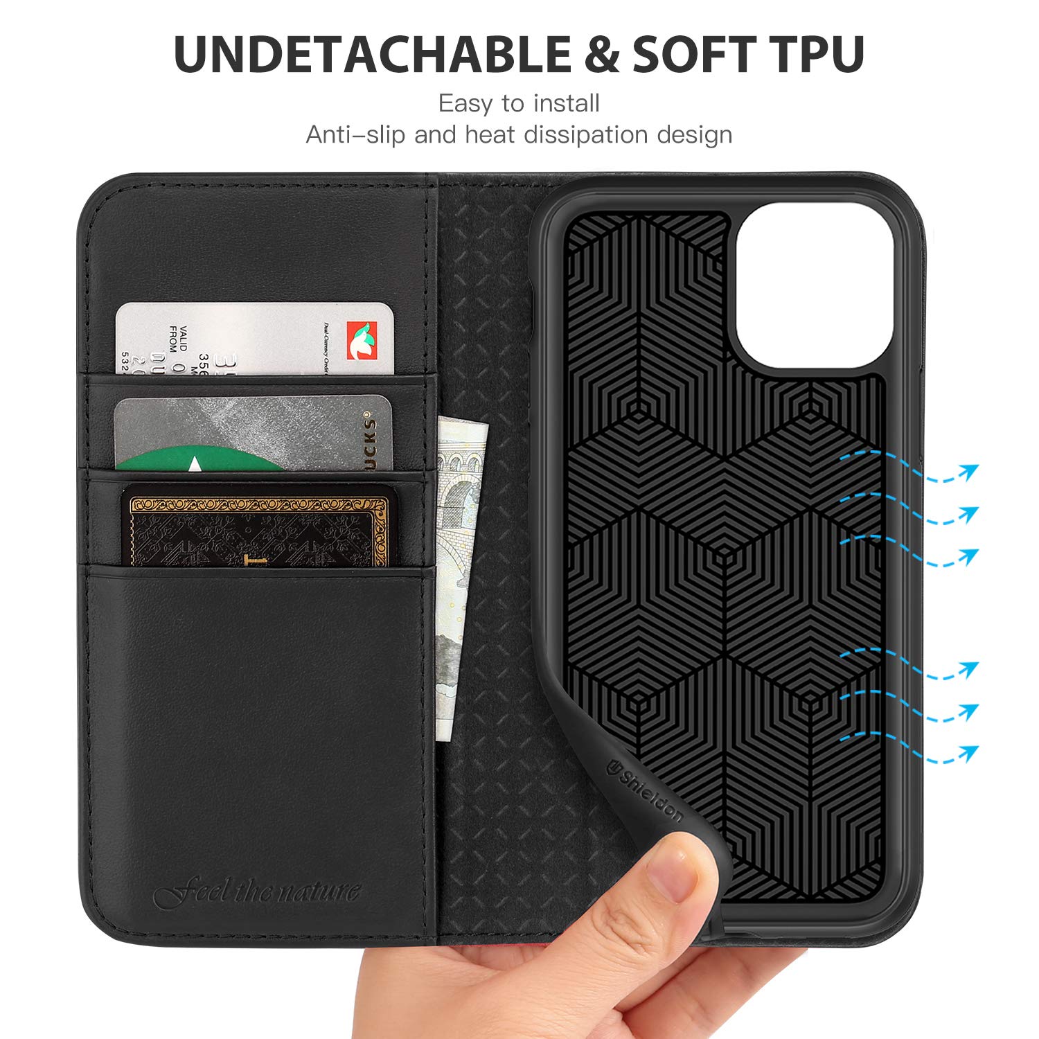 SHIELDON Case for iPhone 11, Genuine Leather Magnetic Wallet Cover Kickstand RFID Blocking Card Slot with TPU Shockproof Protective Cover Compatible with iPhone 11 (6.1 Inch, 2019) - Black