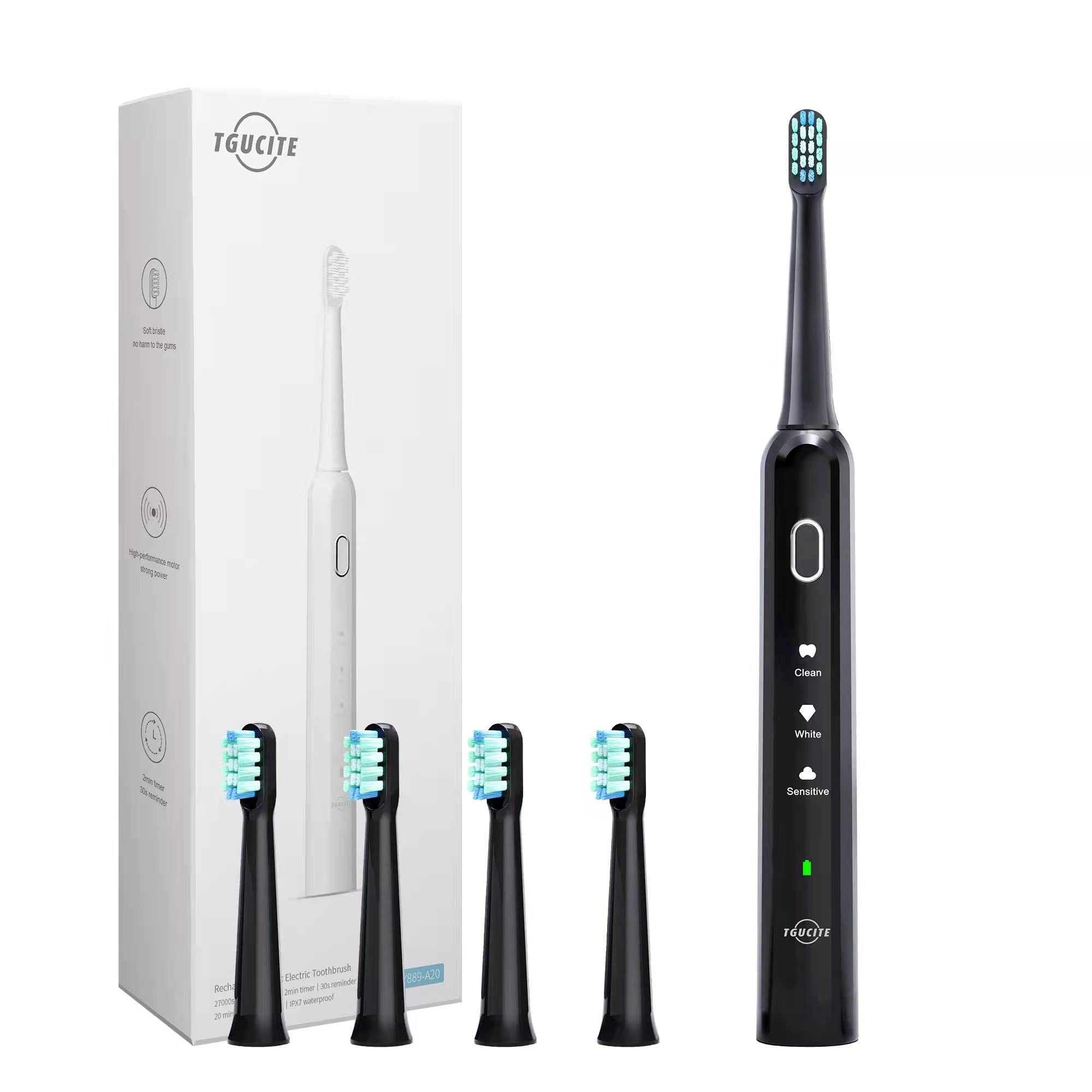 Sonic Electric Toothbrush with 4 Brush Heads for Adults, 1.5 Hours Charging for 45 Days, 3 Modes, 2 Minutes Smart Timer, USB Fast Charge, Rechargeable Electric Toothbrushes (Black)