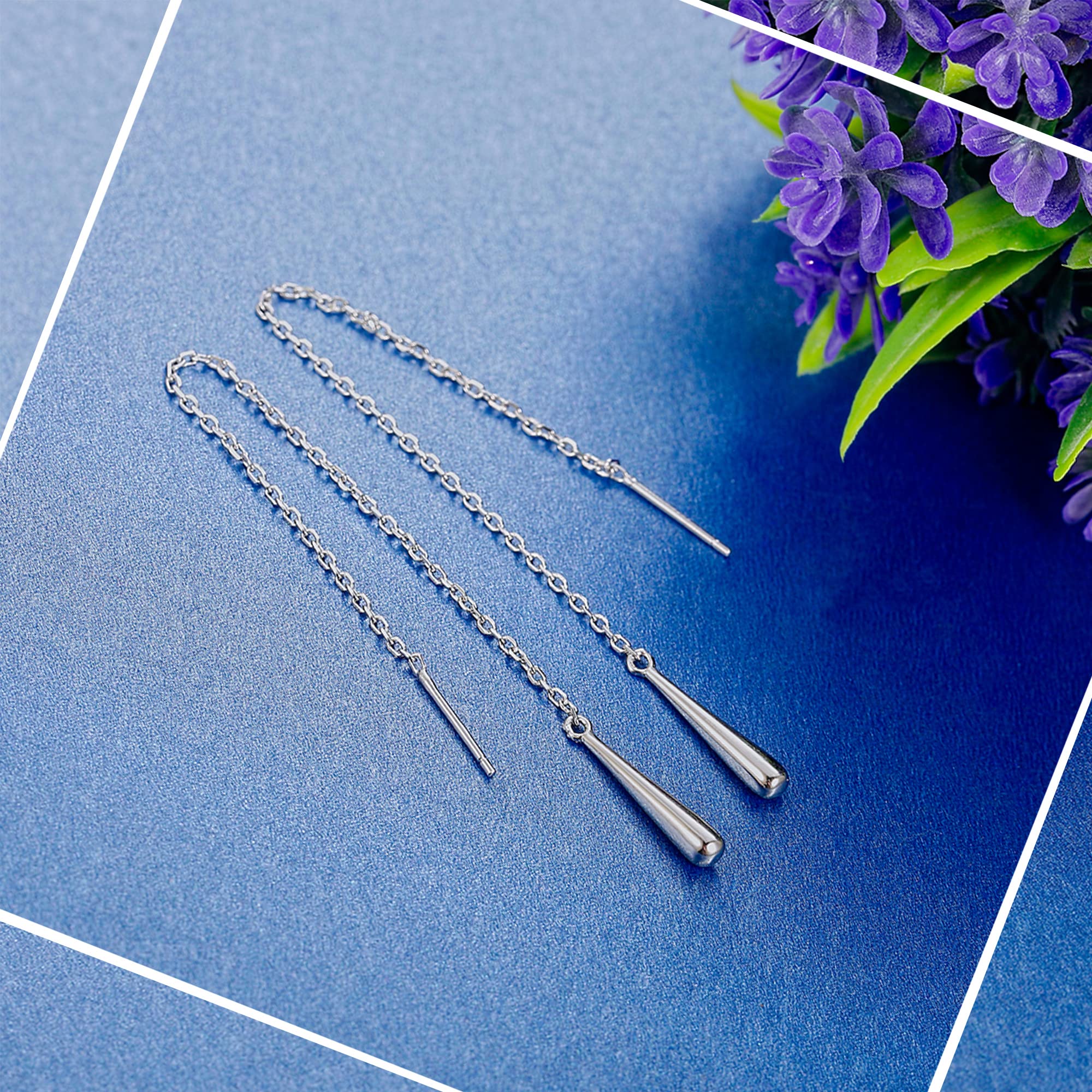 ZELORES 925 Sterling Silver Threader Earrings CZ Droplet Tassel Chain Earrings Silver Long Dangle Earrings for Women