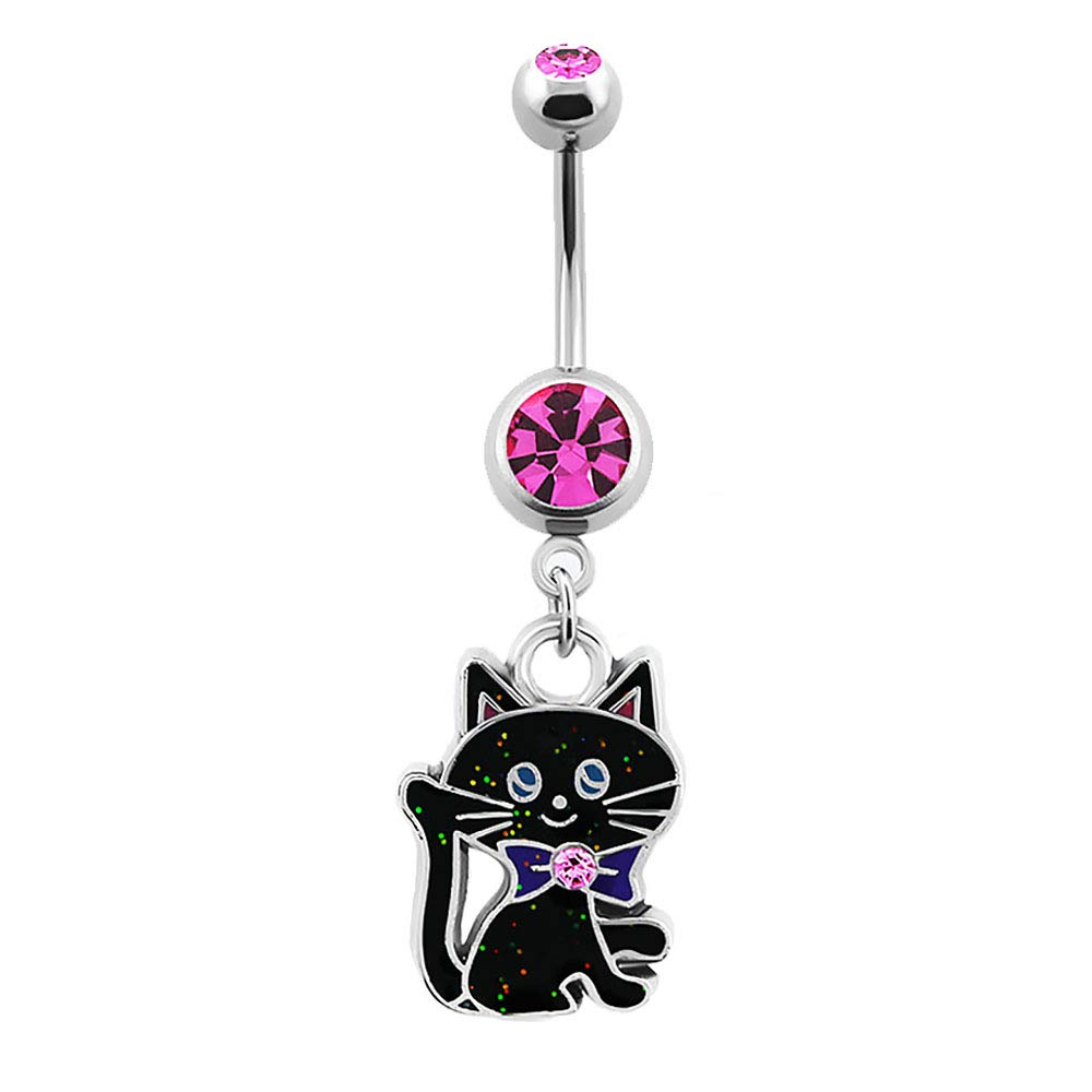 Pierced Owl Black Cat with Crystal Ribbon Dangling Belly Button Navel Ring in G23 Titanium (Pink)