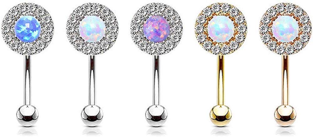 Prong Set Opal Center with CZ Paved Surrounding 316L Surgical Steel Eyebrow Rings/Curved Barbells (Rose Gold/Opal White)