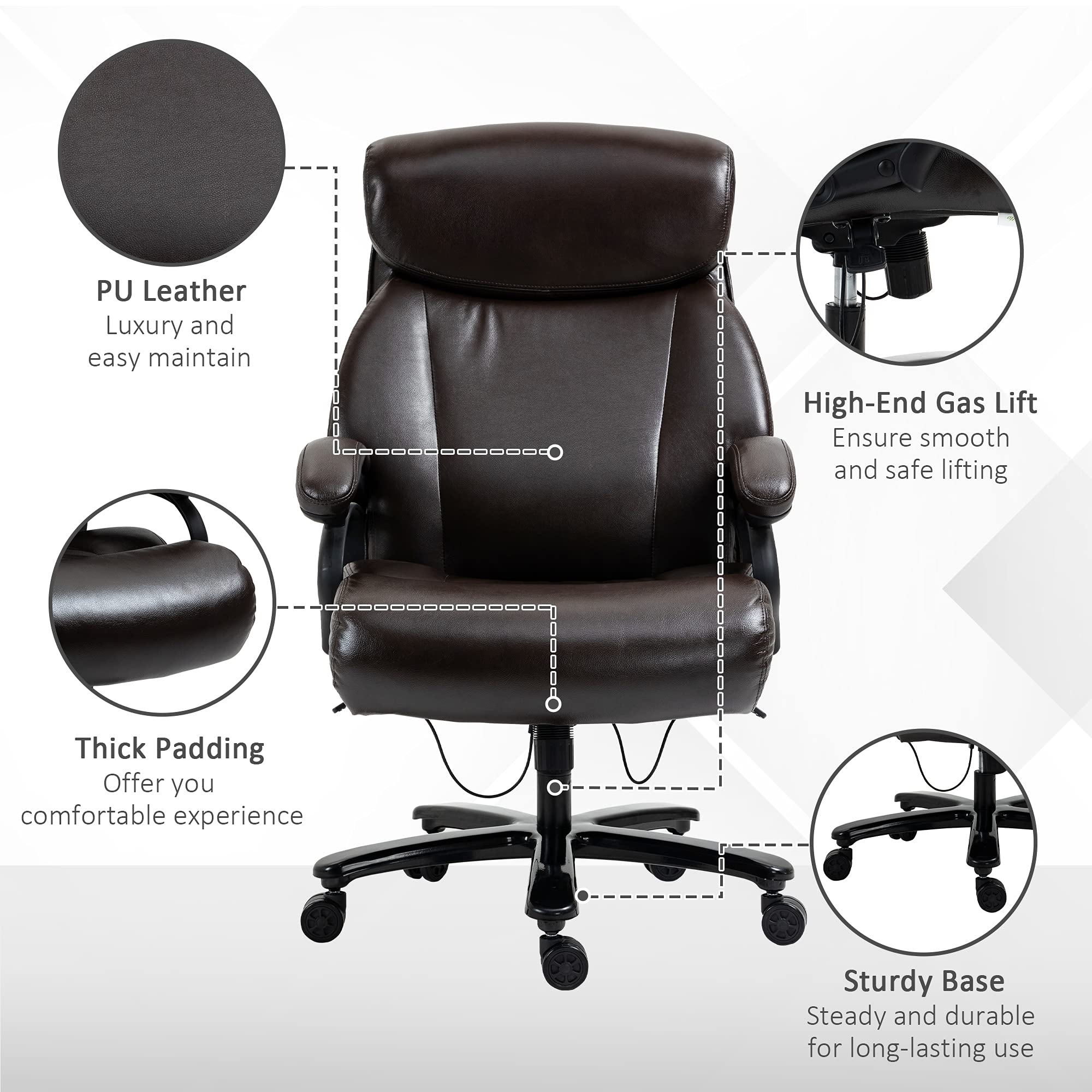 Vinsetto Big and Tall Executive Office Chair 396lbs with Wide Seat, Home High Back PU Leather Chair with Adjustable Height, Swivel Wheels, Brown