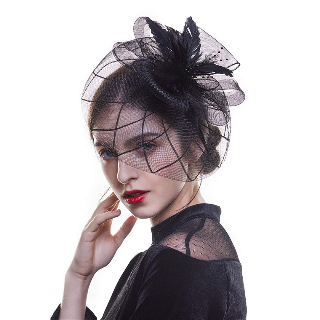Women Fancy Feather Hats Black Birdcage Veil Wedding Hats and White Net Hair Accessories Black