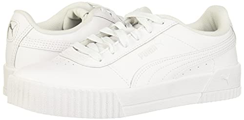 PUMA Womens Carina Leather Sneaker, PUMA Womens White-PUMA Womens White-PUMA Womens Silver, 6.5