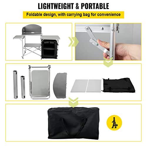VEVOR Camping Kitchen Table, Aluminum Portable Folding Cook Station with Windscreen Cupboard, Storage Organizer Carrying Bag, Quick Installation, Outdoor Picnic Beach BBQ RV Traveling, Black