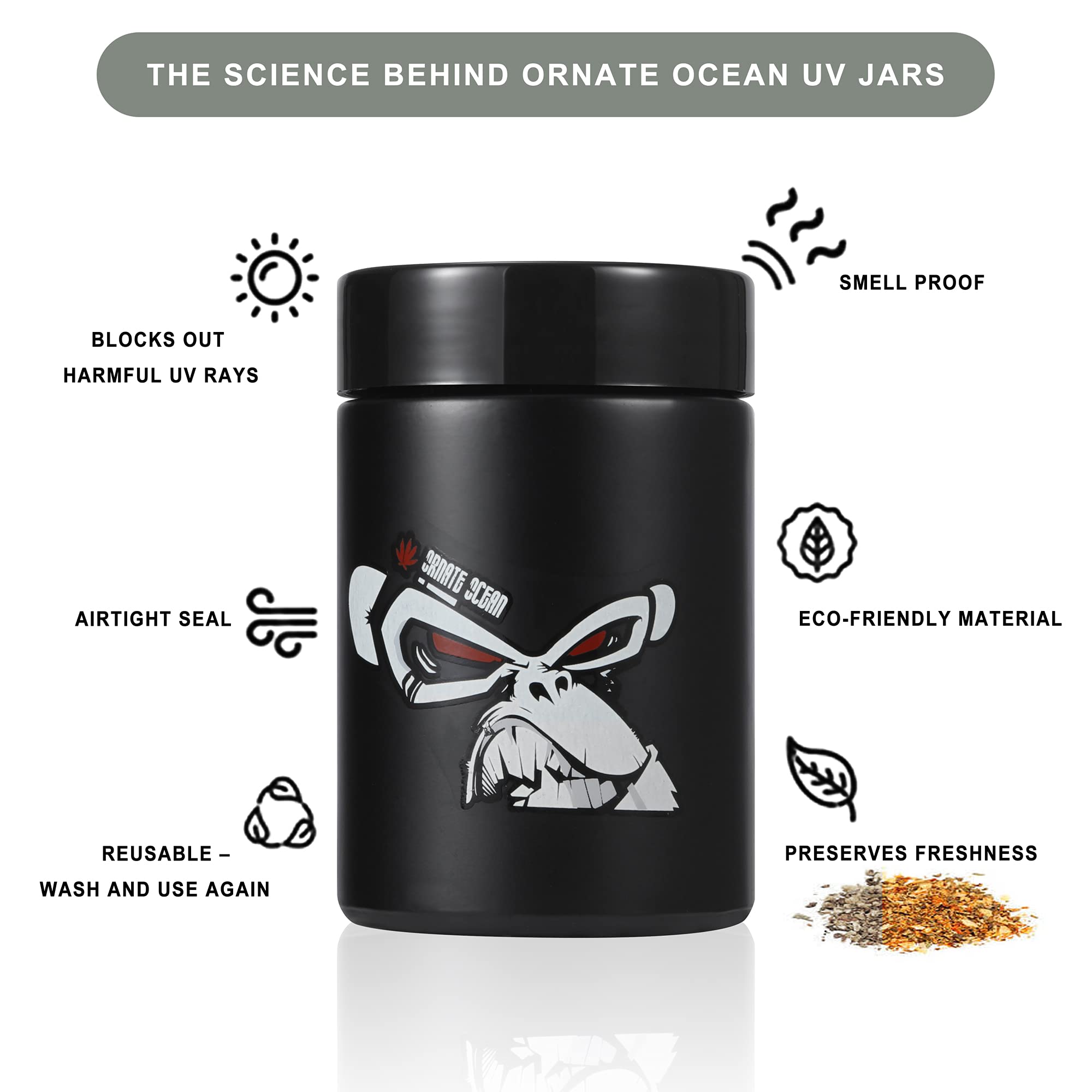 Ornate Ocean 4-Pack 250ml UV Glass Stash Jars - 4 Piece Set Multipurpose Storage Containers - Convenient Airtight Smell Free Screw Top Lid Jars Preserves and Secures Your Herbs