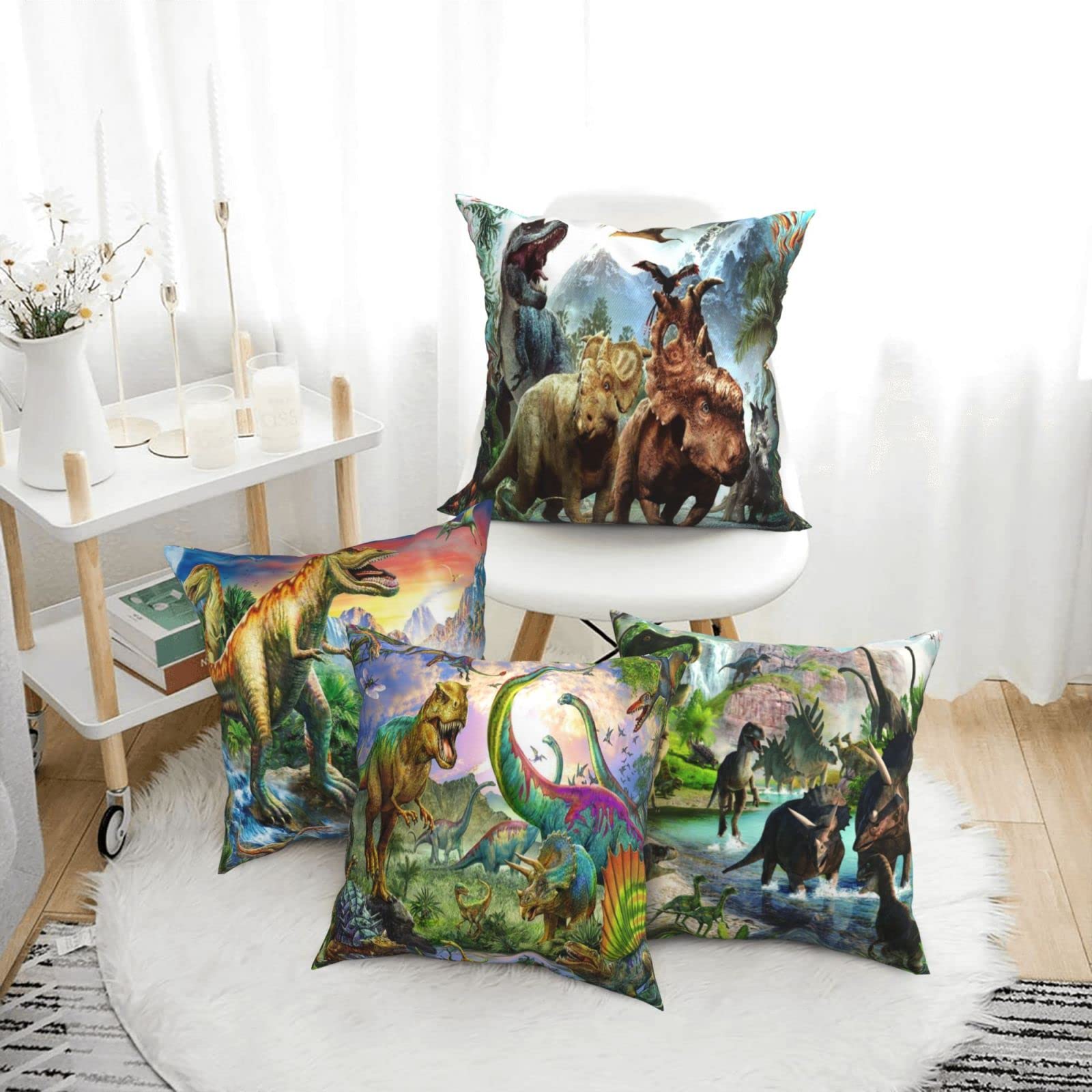 pop-belief 4PCS Square Throw Pillow Covers,18"x18" Dinosaur Group in The Primeval Forest Decorative Cushion Covers Case for Bed Sofa Couch Home Decor