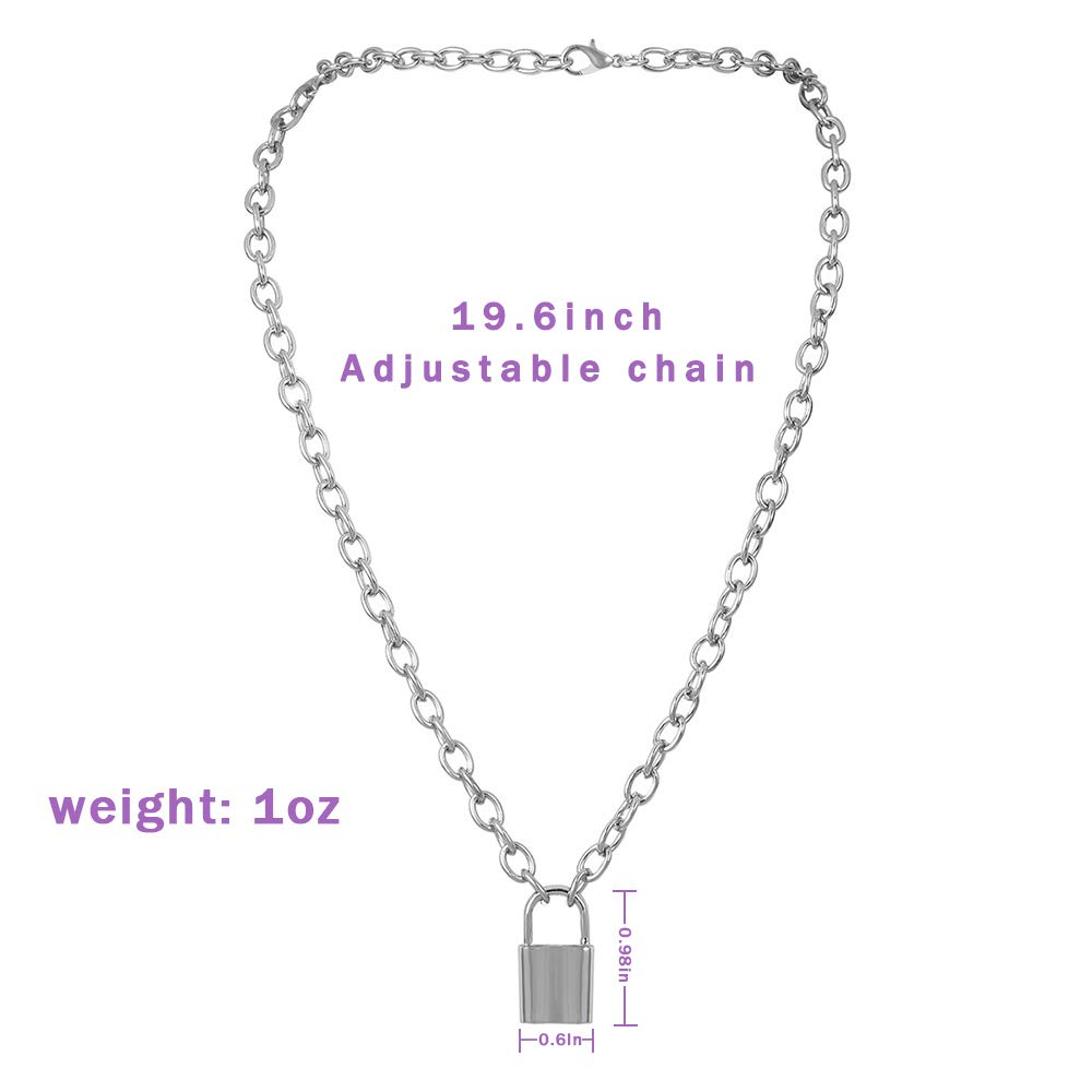 Qiuseadu 7th Moon Lock Pendant Necklace Statement Long Chain Punk Multilayer Choker Necklace for Women (Silver)