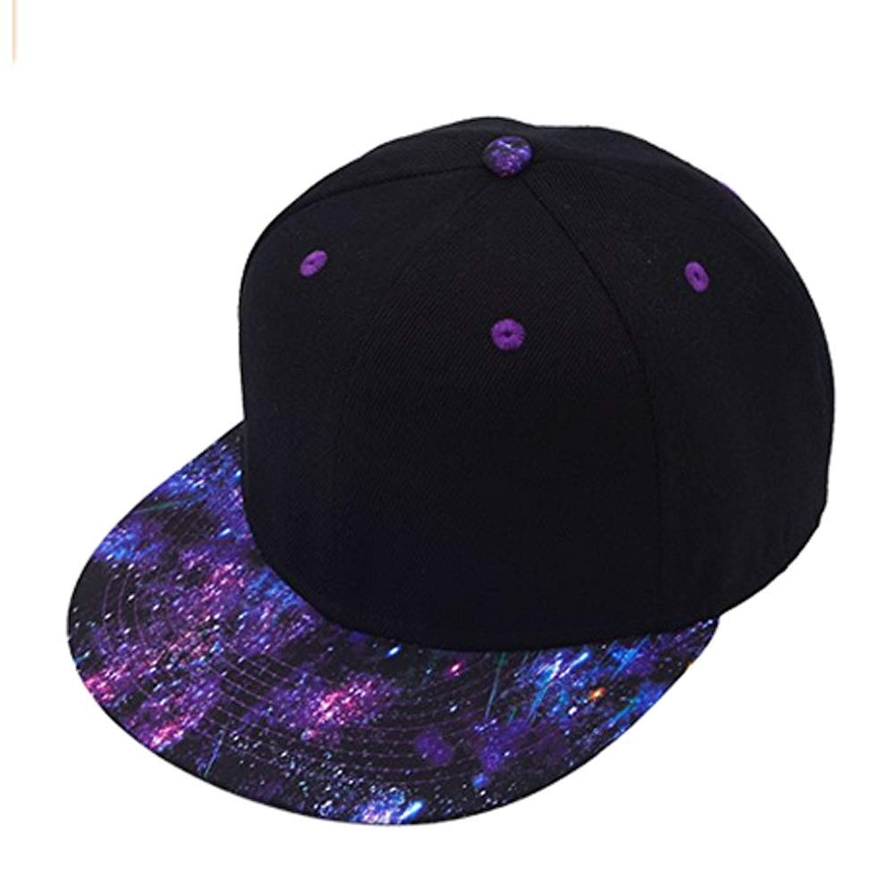 Quanhaigou Purple Galaxy Snapback Hat Unisex Trucker Hat Hip Hop Plaid Flat Bill Brim Adjustable Baseball Cap, Black Purple, One Size