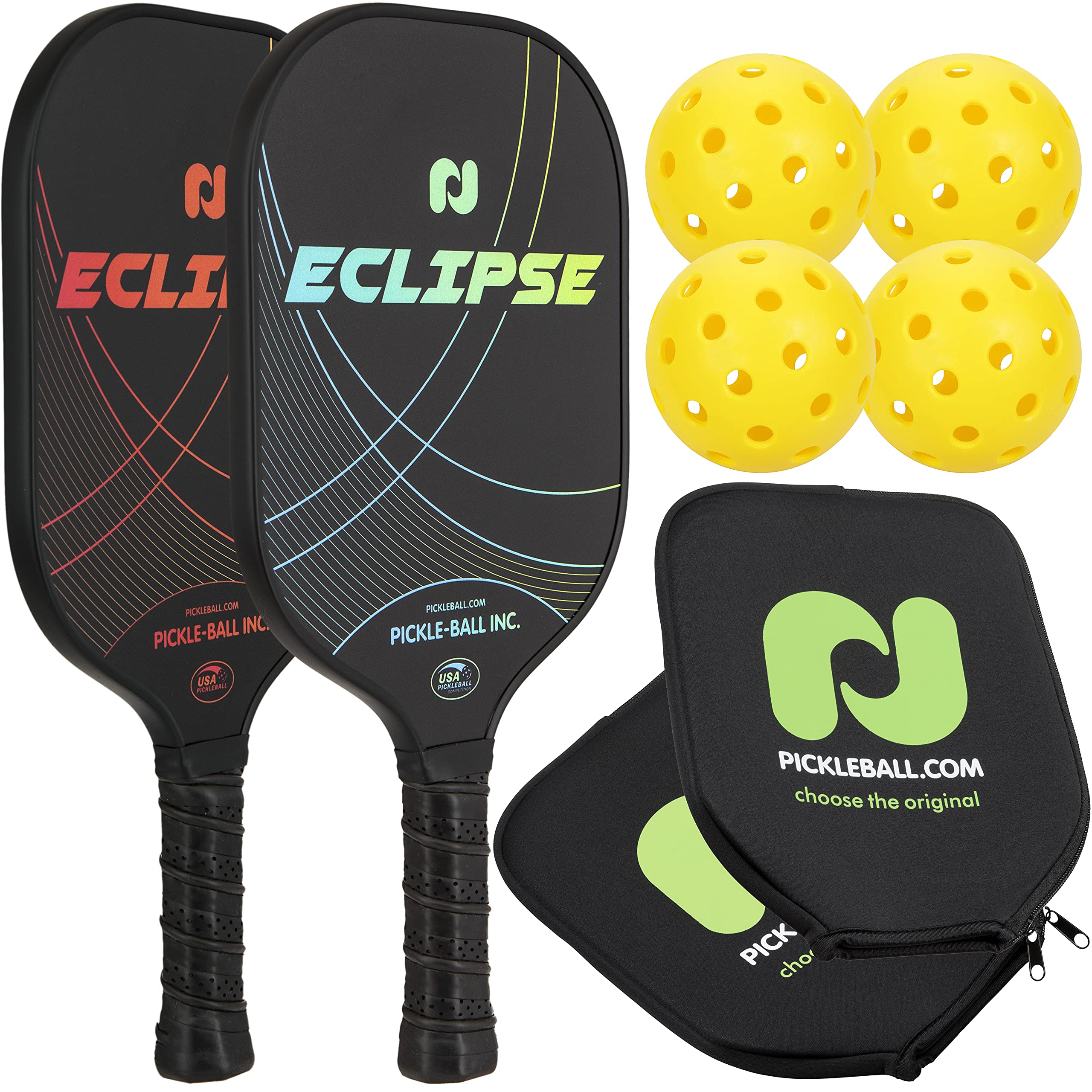Pickle-Ball Eclipse Graphite Pickleball Paddle 2 Paddle & Ball Set| Includes 2 Paddles + 4 Outdoor Pickleballs + 2 Paddle Covers | Polymer Honeycomb Core, Graphite Hybrid Composite Face