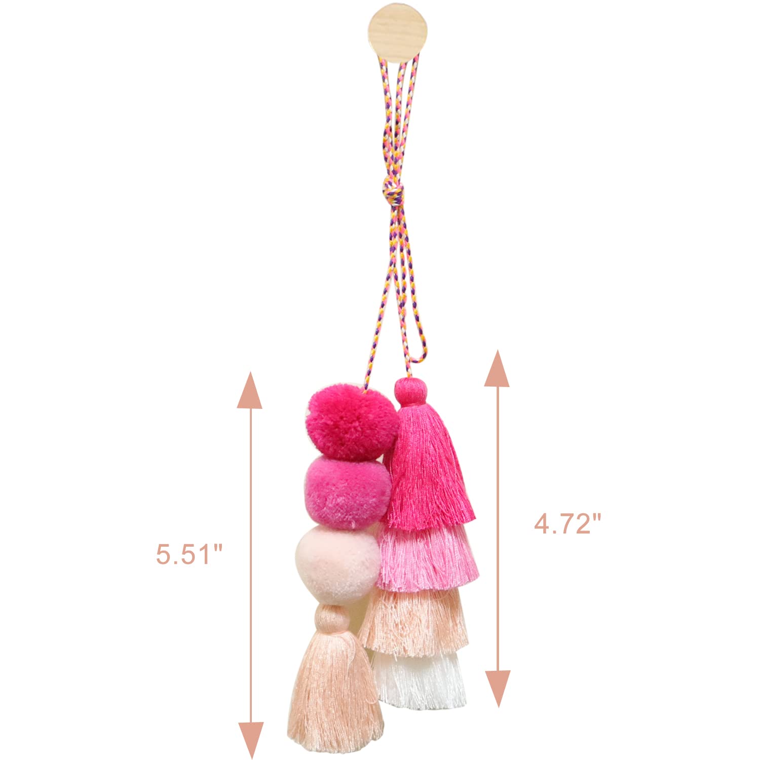 QTKJ Colorful Bohemian Pompom Tassel Keychain Handbags Straw Bag Charms Ornaments Key Ring Pompom Pendant(Pink 1)