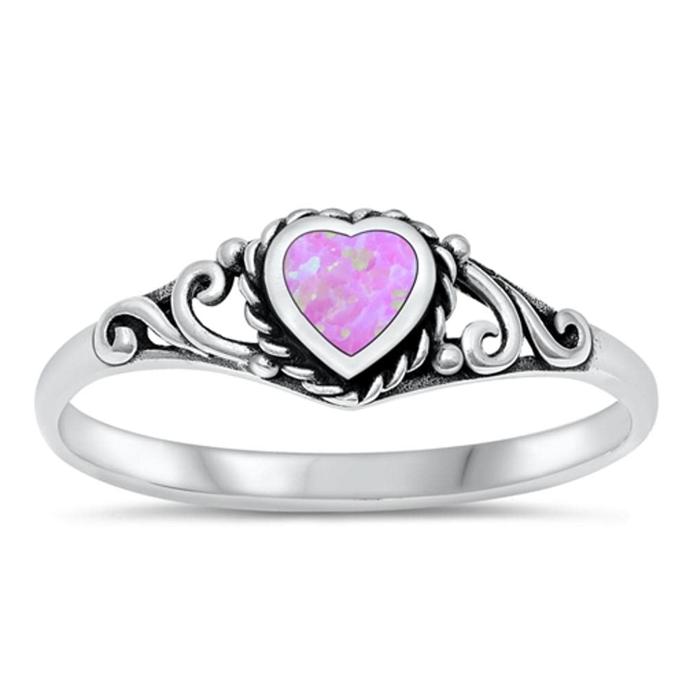 Pink Simulated Opal Antiqued Filigree Purity Ring .925 Sterling Silver Band Size 4