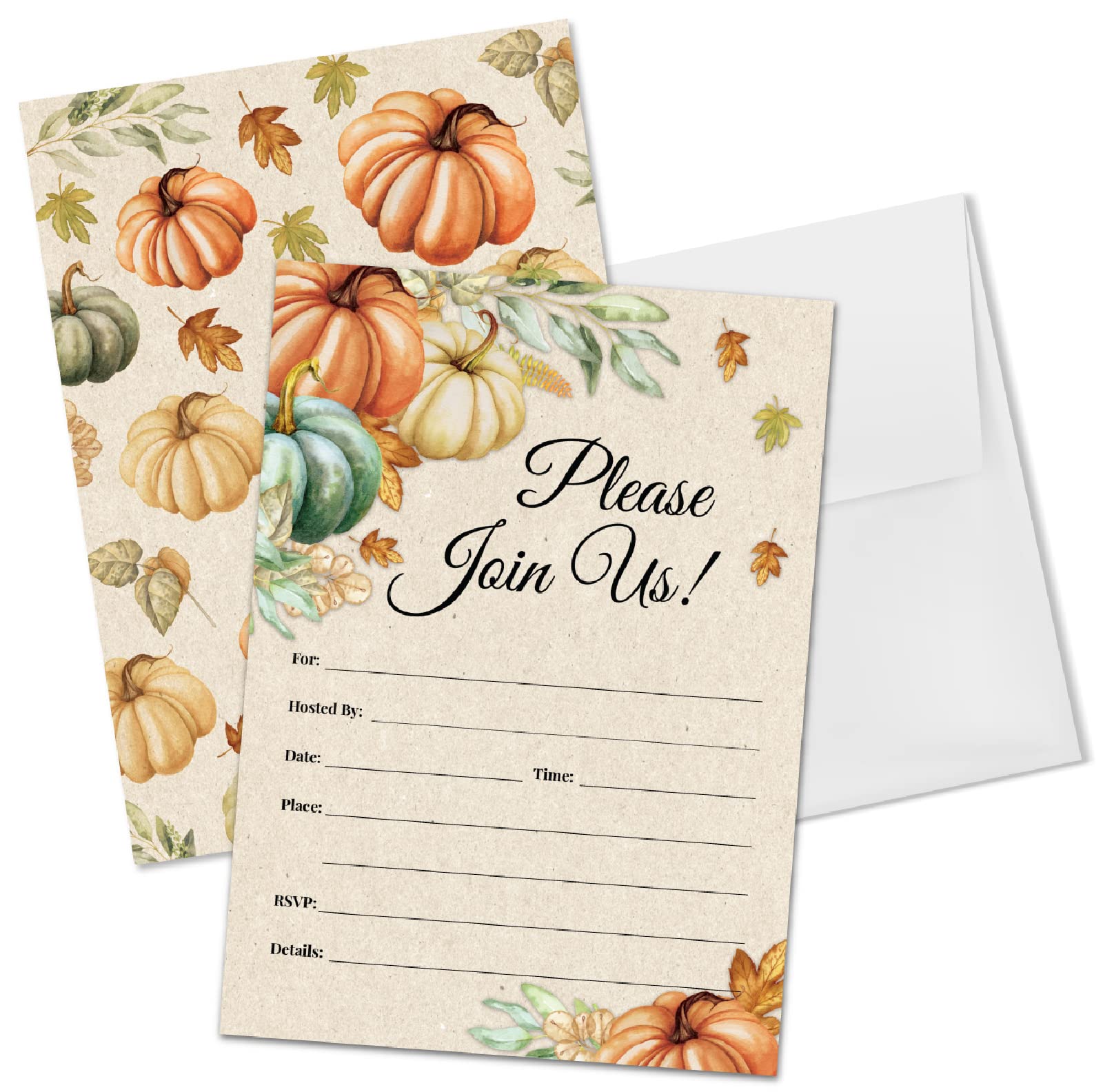 Pink Pixie Studio 20 Fall Party Invitations with Pumpkins & Leaves Thanksgiving, Bridal or Baby Shower, Friendsgiving, Dinner Parties with White Envelopes Made in the USA