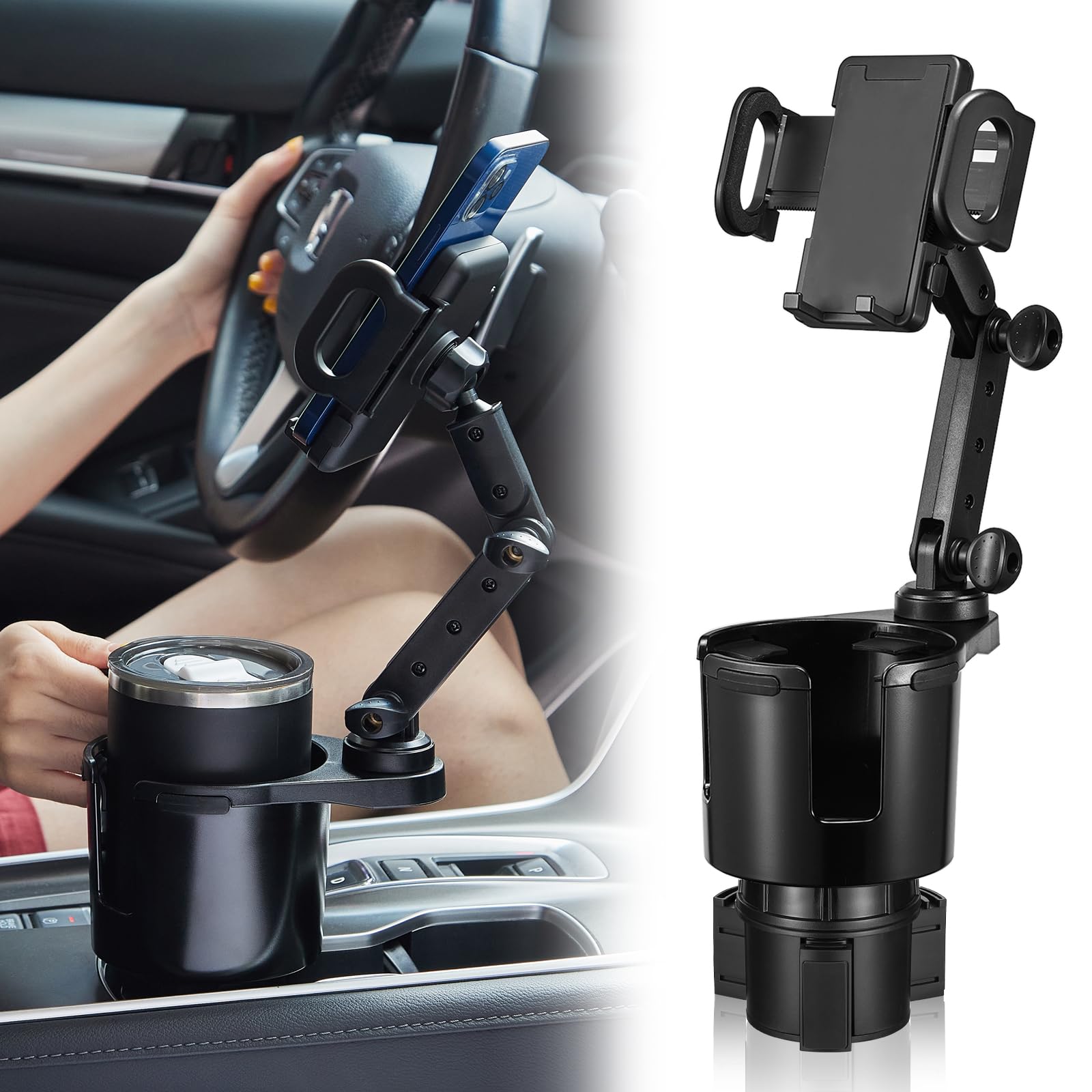 SCRWVESS Cup Holder Phone Mount, 2 in 1 Cup Holder Expander for Car Long Arm with 360Β°Rotation Cup Holder Cell Phone Holder for Car Compatible with All Smartphones