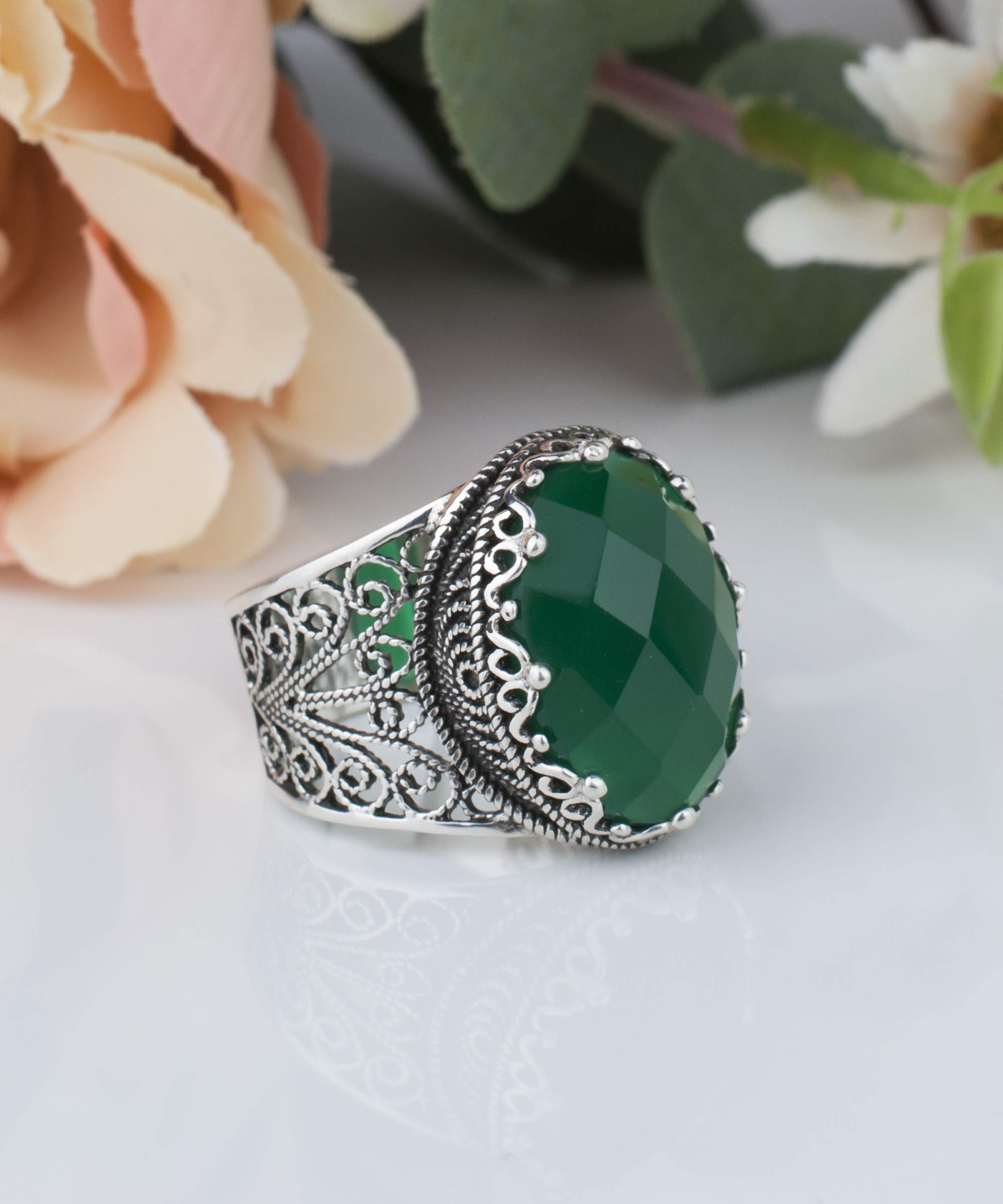 Ottoman Silver Collection 925k Sterling Silver Handmade Artisan Crafted Oval Filigree Ring with Green Agate Gemstone Unique Eyecatcher Designer Gift For You and Your Precious Beloved (Size 5-12) (10)