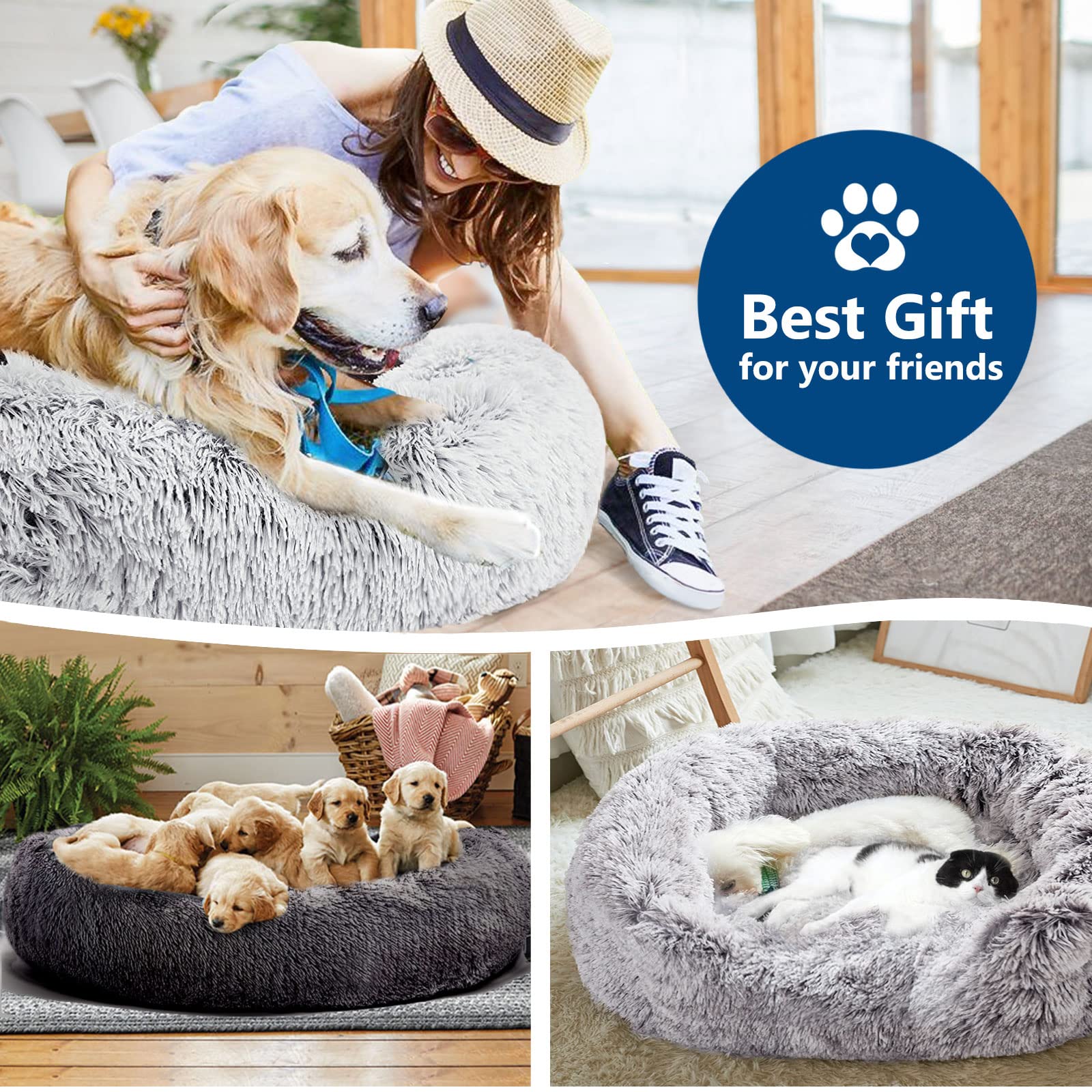 Souarts 43 Inch Super Large Dog Bed, Super Soft Fluffy Plush Pet Bed for Large Medium Dog Cat, Removable Machine Washable Long Plush Round Bed (Dark Grey,43inch/110cm)