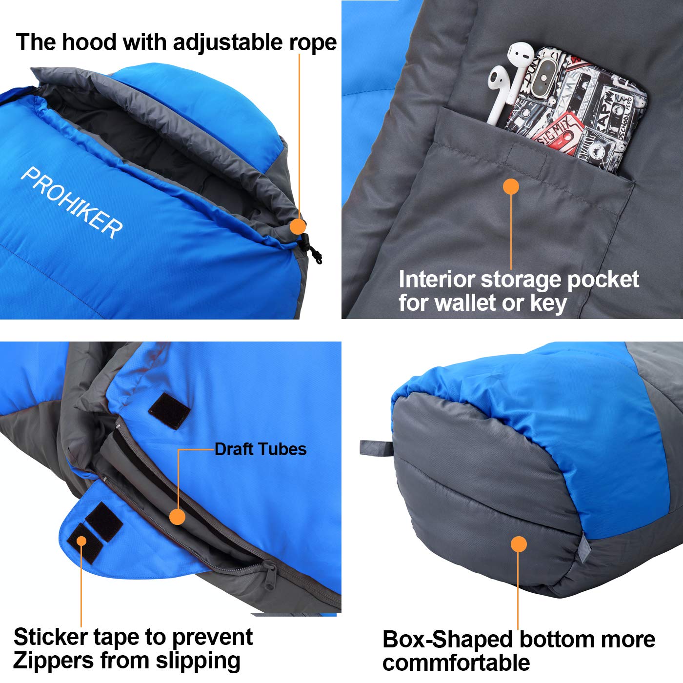 PROHIKER Mummy Sleeping Bag Lightweight for Adults Cold Weather Waterproof 4 Season for Camping Hiking with Compression Sack Backpacking Sleeping Bag for Adults & Kids (Blue)