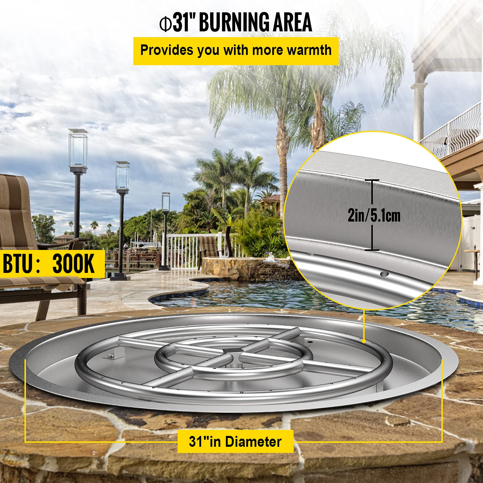 VEVOR Drop in Fire Pit Pan, 31" x 31" Round Fire Pit Burner, Stainless Steel Gas Fire Pan, Fire Pit Burner Pan w/ 1 Pack Volcanic Rock Fire Pit Insert w/ 300K BTU for Keeping Warm w/Family & Friends
