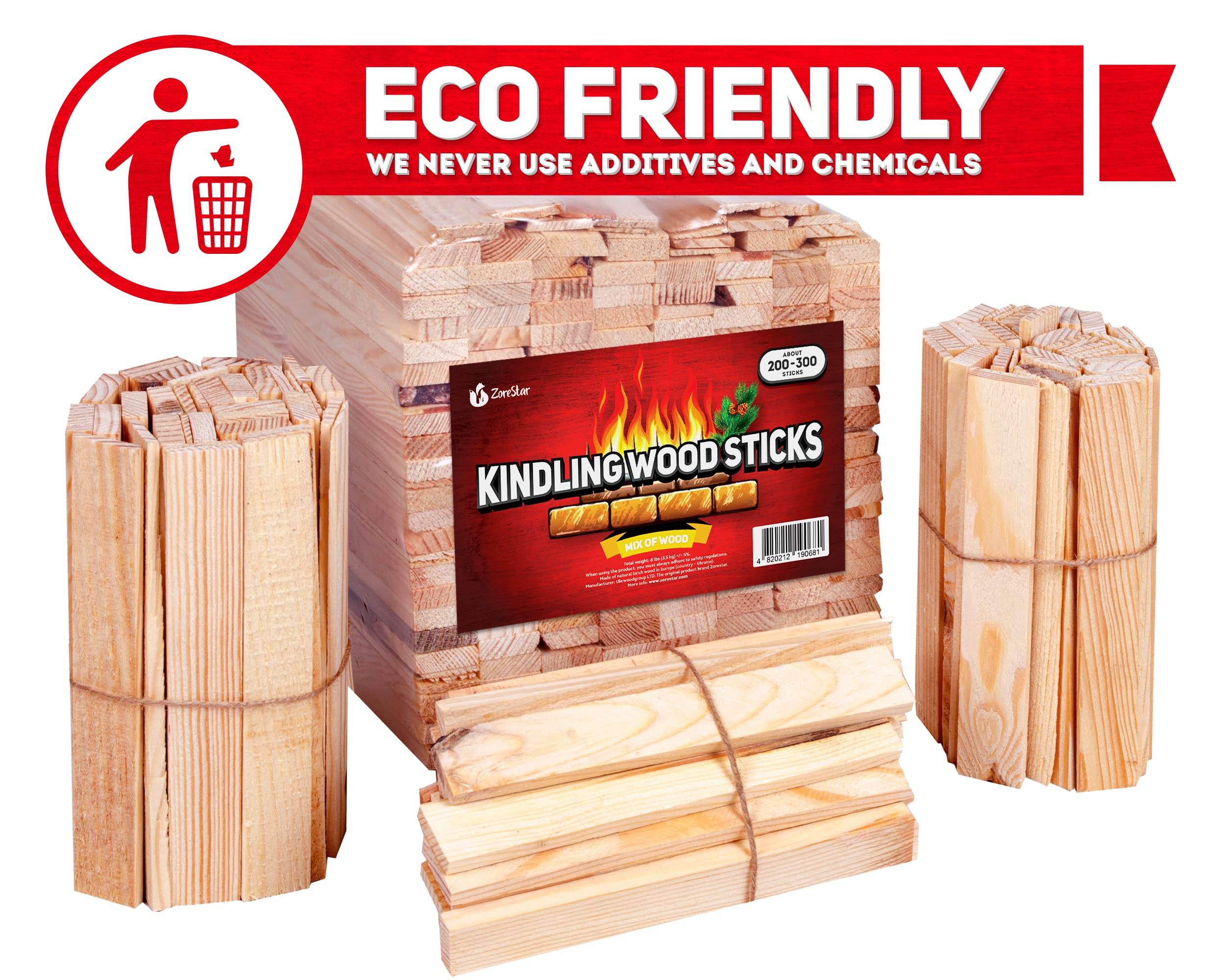 Zorestar Kindling Wood fire Starter Sticks 200-300 pc - 100% Eco-Friendly Kiln Dried Firewood Fire Starters for Fireplace, Campfire, BBQ, Wood Stoves, Camping Natural Firestarters Better Than Fatwood