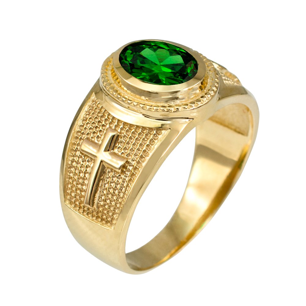 Religious Jewelry by LABLINGZ 10K Yellow Gold Christian Cross May Birthstone Green CZ Ring (11)