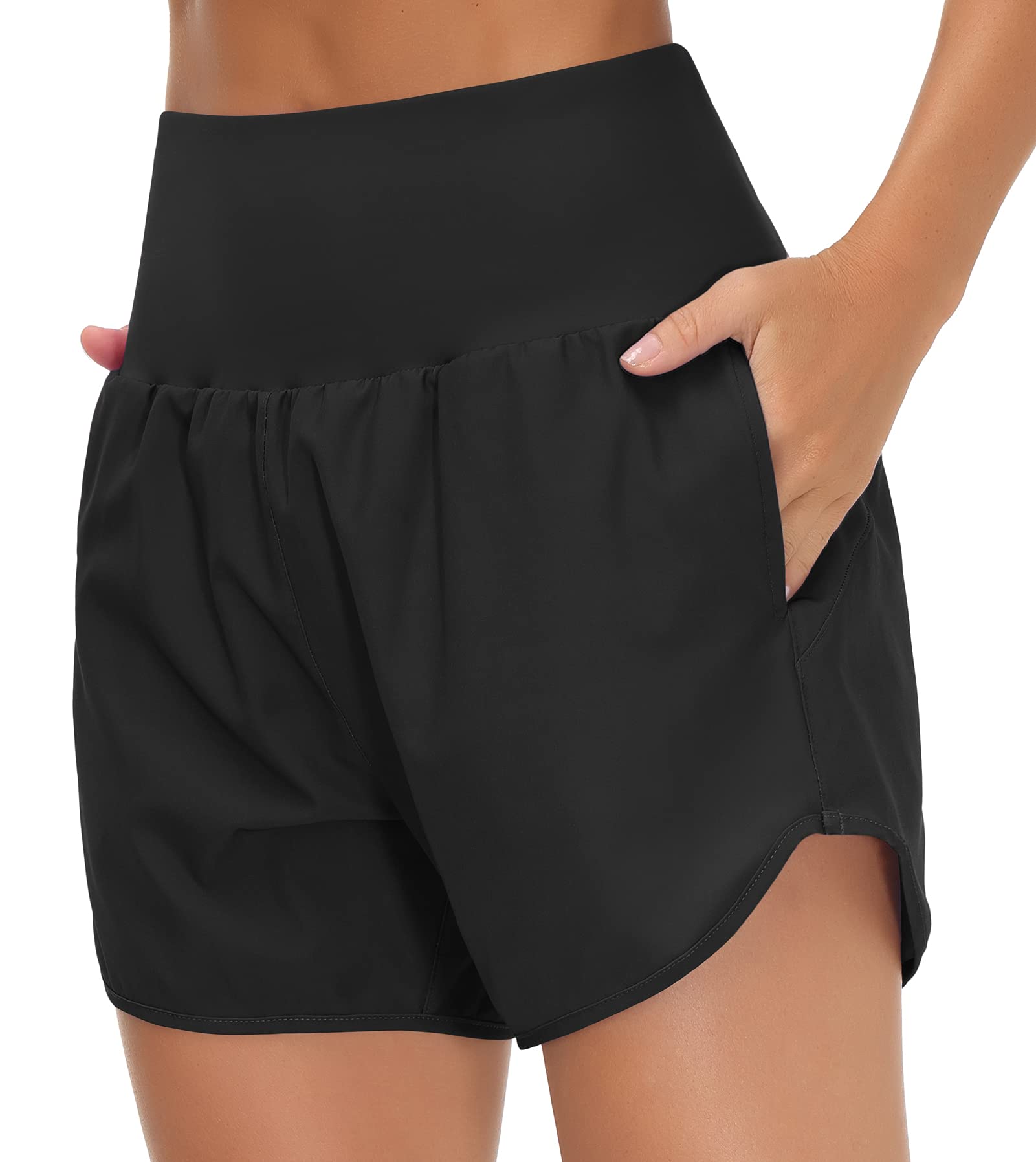 THE GYM PEOPLE Women’s High Waist Running Shorts with Liner Athletic Hiking Workout Shorts Zip Pockets (Black, Medium)